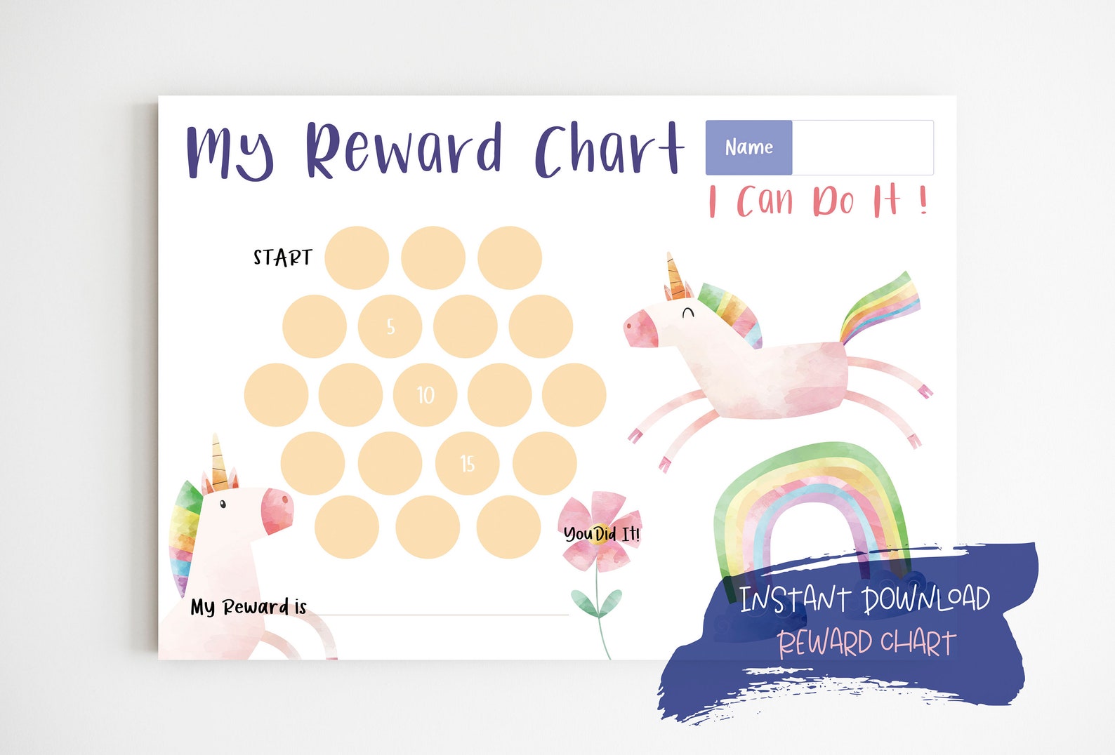 Rainbow Unicorn Reward Chart for Kids Printable Reward Chart Chore ...