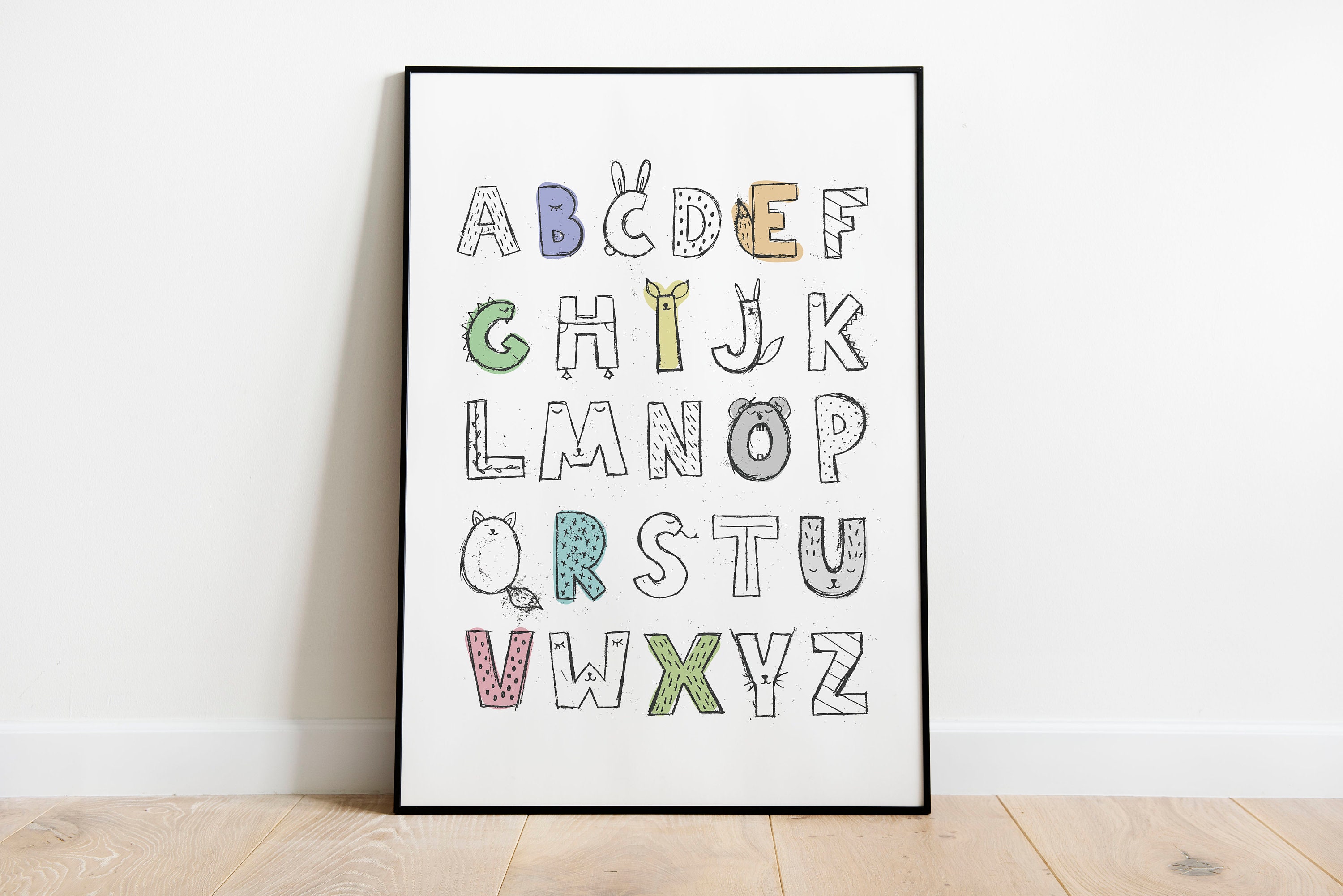 A to Z Printable Nursery Alphabet Print Educational Poster White ...