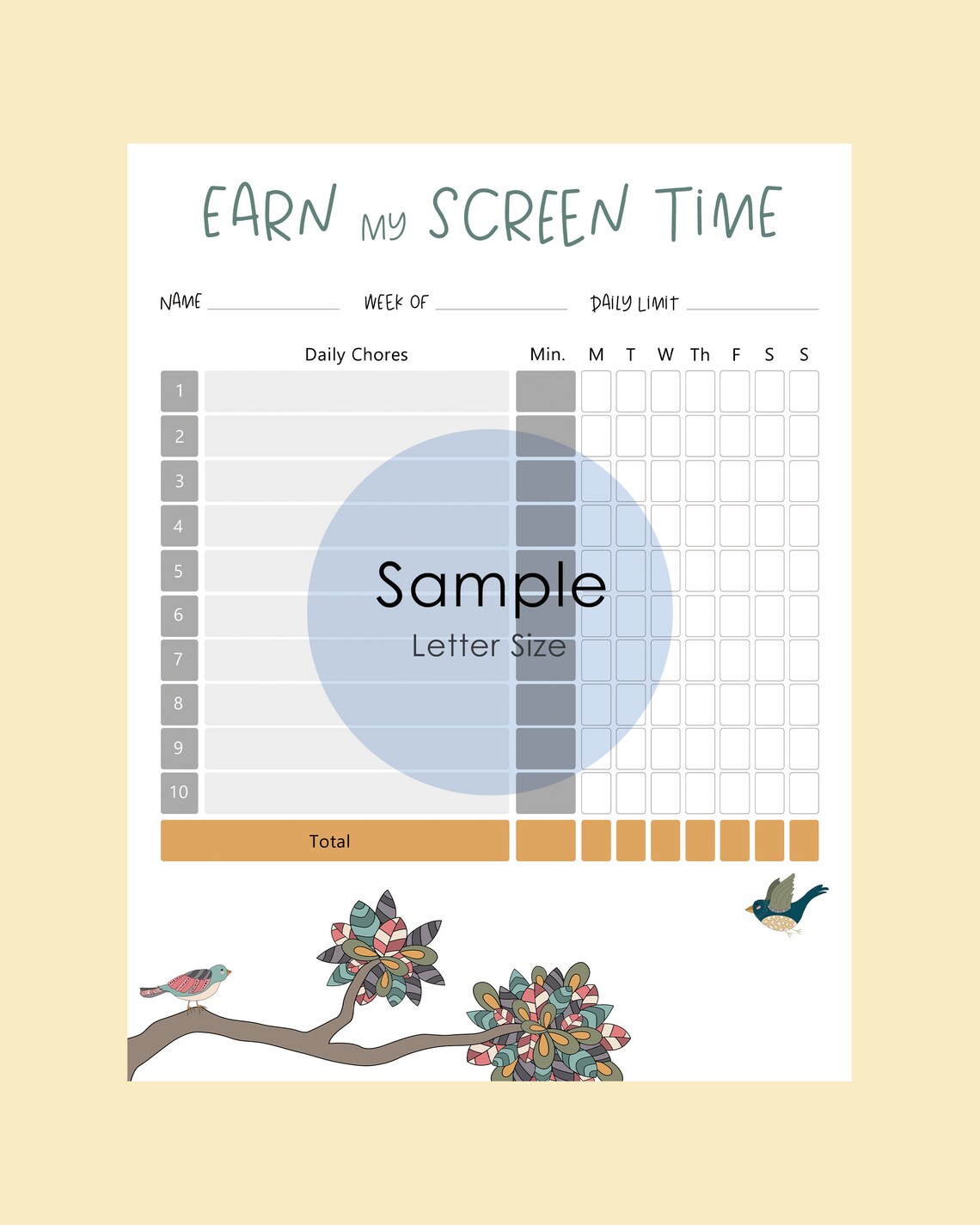 Birds Reward Chart_earn My Screen Time Printable Reward - Etsy