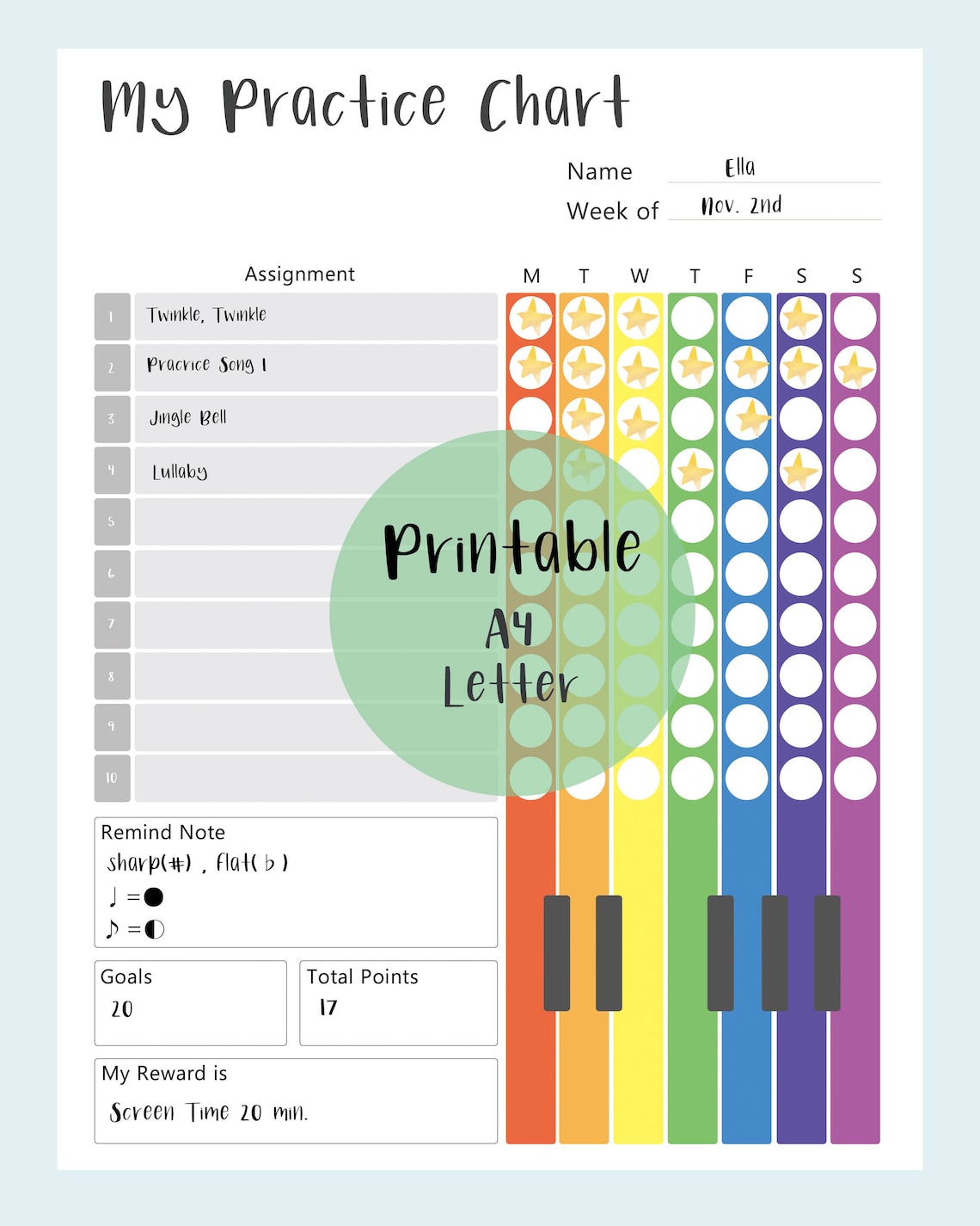 Weekly Piano Practice Reward Chart for Kids | Reward Chart for Kids ...
