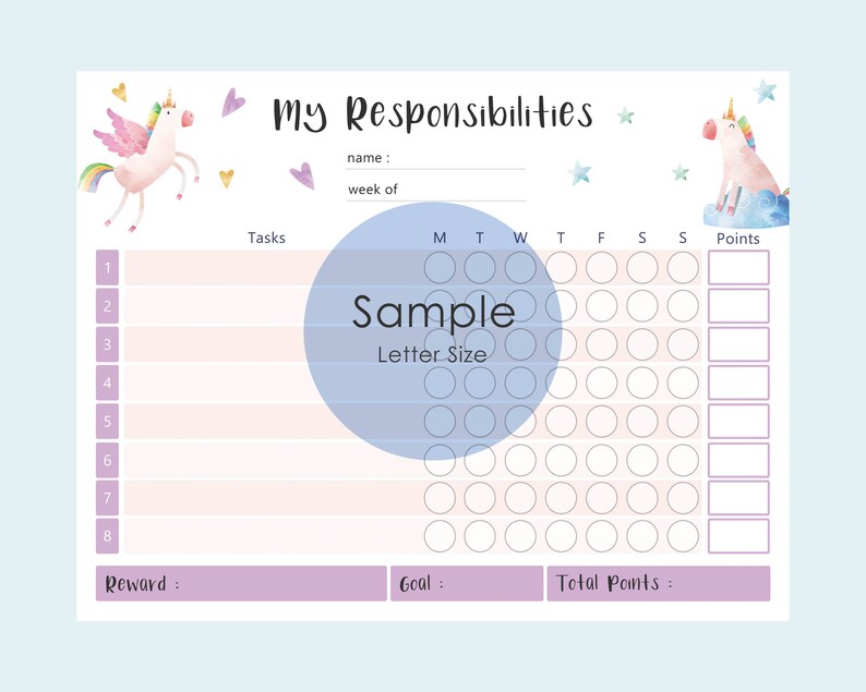 My Responsibilities Chart | Chores Chart | Unicorn Printable | Reward ...