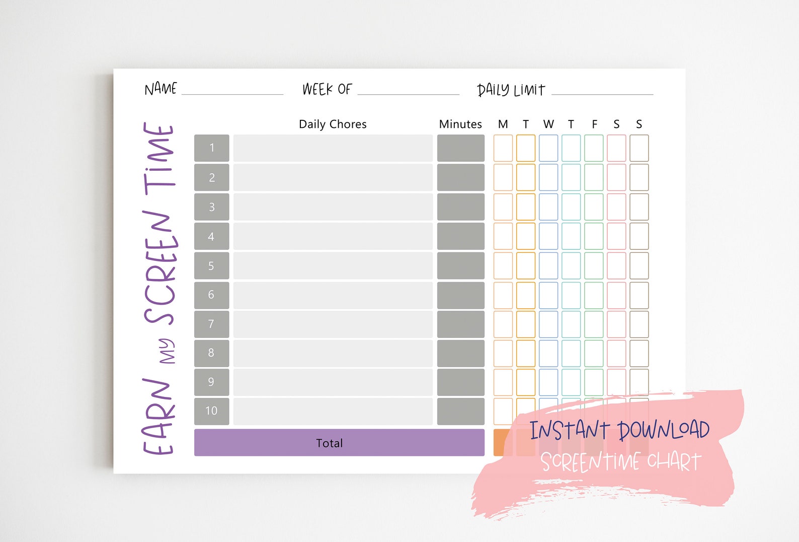 Earn My Screen Time Reward Chart, Kids Chore Chart, Printable Kids ...