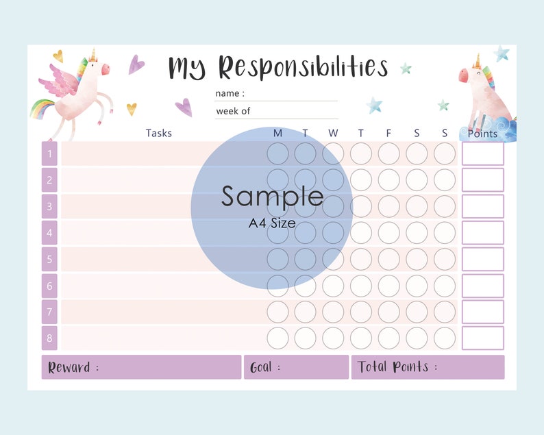 My Responsibilities Chart | Chores Chart | Unicorn Printable | Reward ...