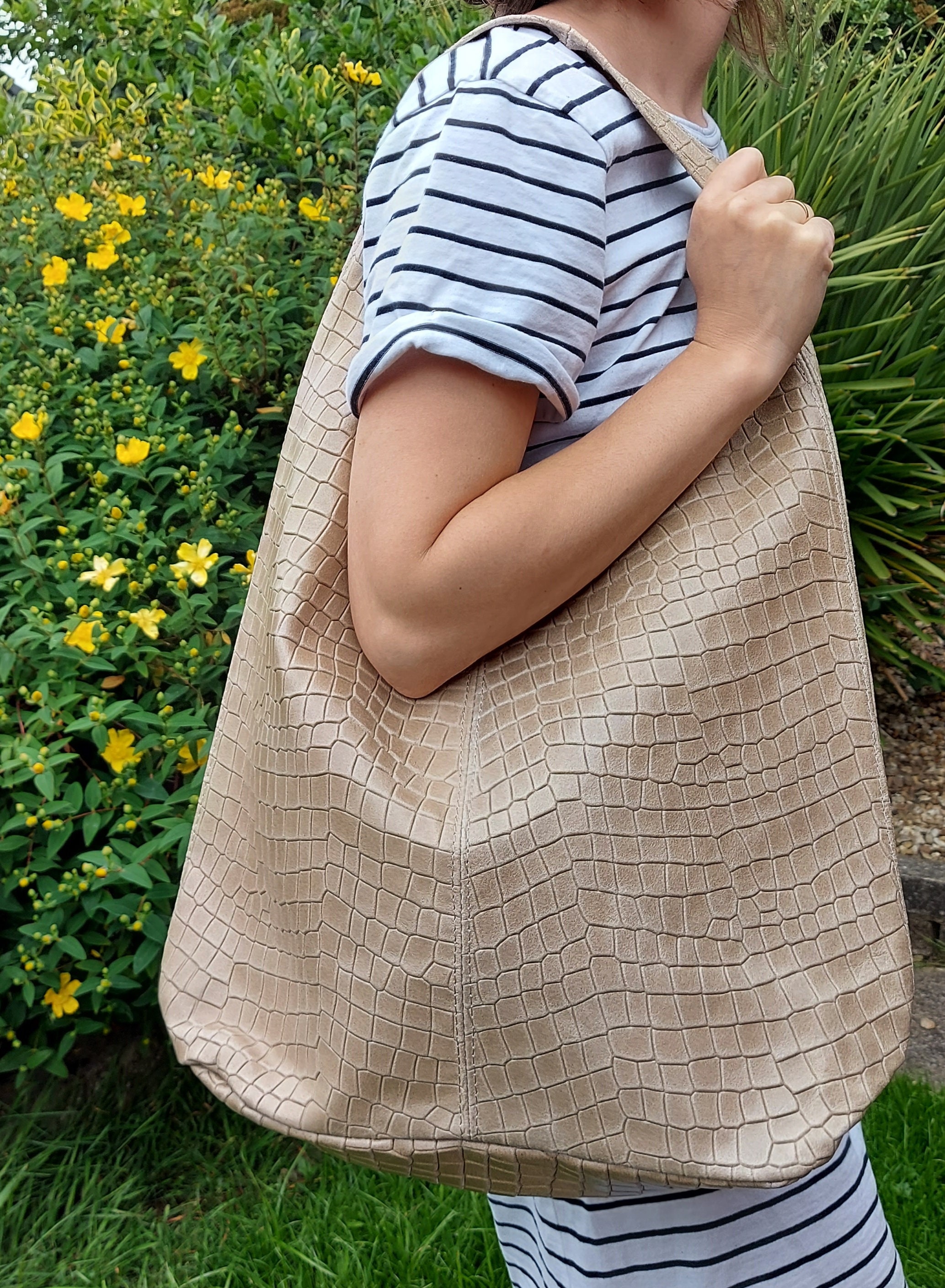 Genuine Leather Shopper Bag Large Leather Tote Croc Effect | Etsy