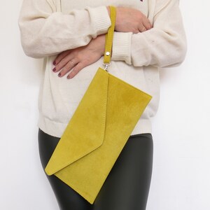 Genuine Suede Leather Evening Envelope Yellow Clutch Crossbody Shoulder ...