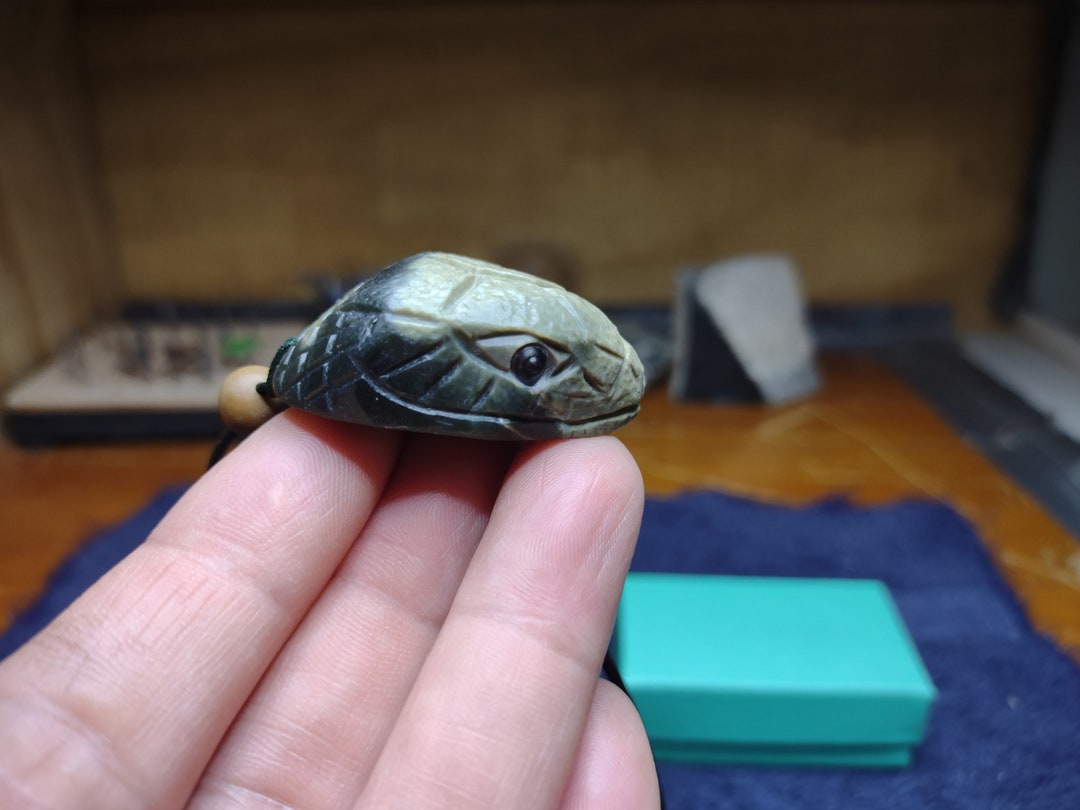 Hand Carved Olive Jade Python Head Pendant, Unique Necklace Carving ...