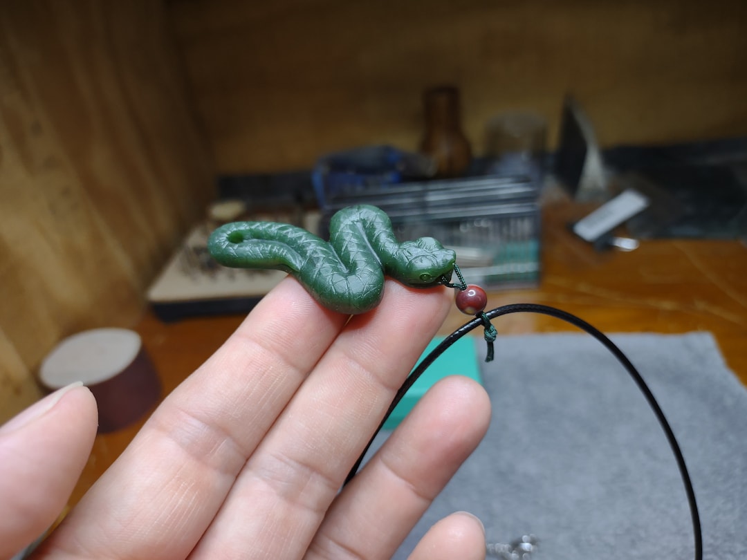 Hand Carved Russian Jade Green Snake Necklace, Unique Jade Carving ...
