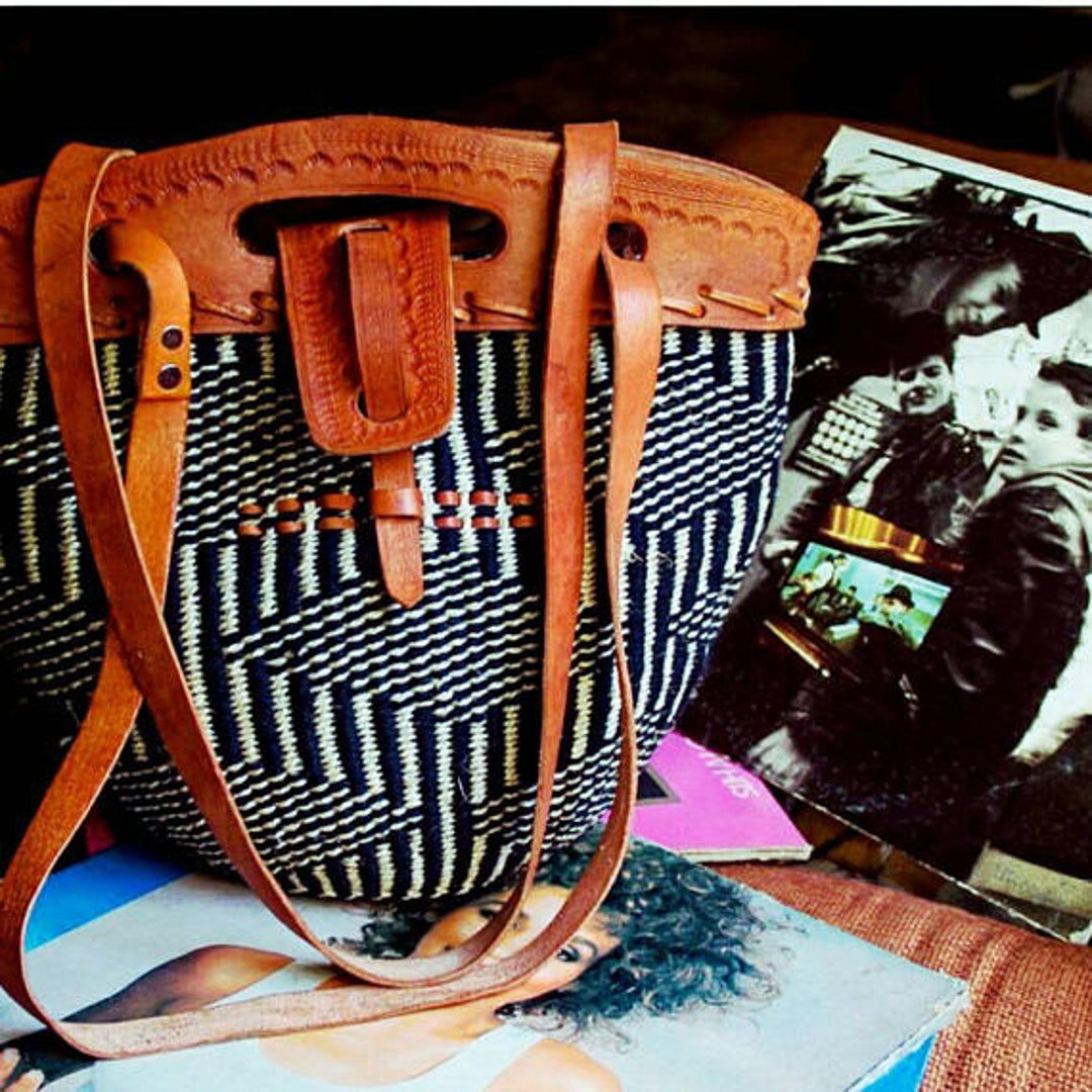African Shoulder Bag Hand Woven Sisal and Wool Handbag Handmade Leather ...