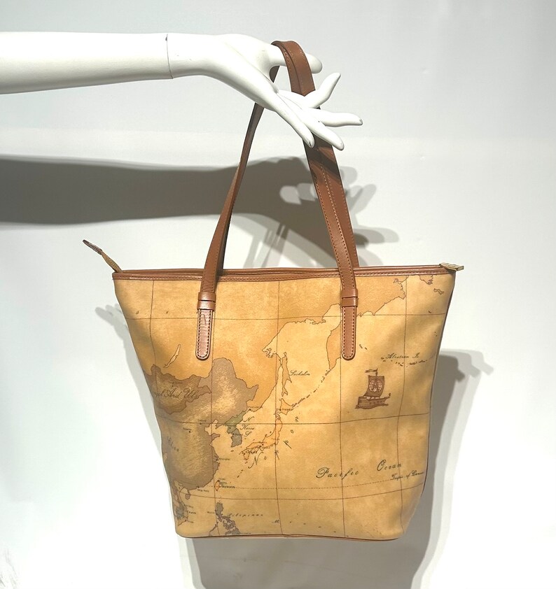 ALVIERO MARTINI Authentic World Map Tan Canvas Leather Trim Tote ...