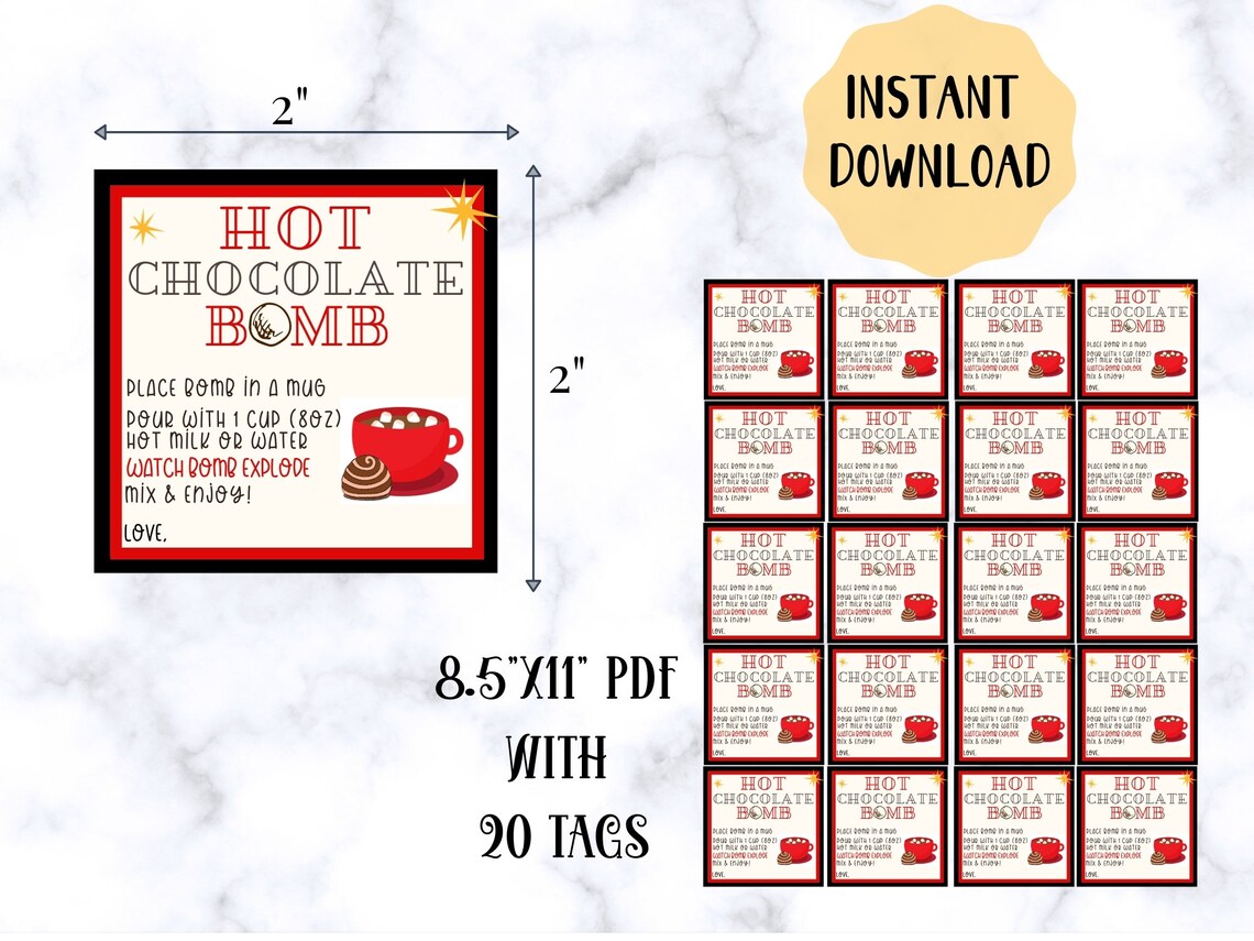 Hot Chocolate Bomb Instructions Card, Printable Tags for Chocolate Bomb ...