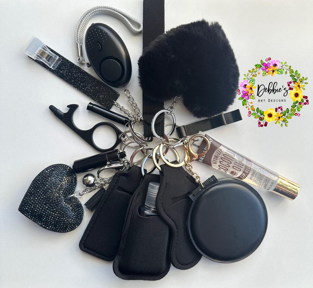 Black Safety Defense Keychain Set-wristlet-heart Pom-mirror-bling Heart ...