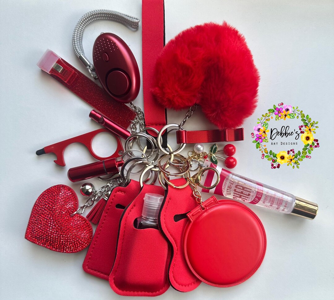 Red Safety Defense Keychain Set-wristlet-heart Pom-mirror-bling Heart ...