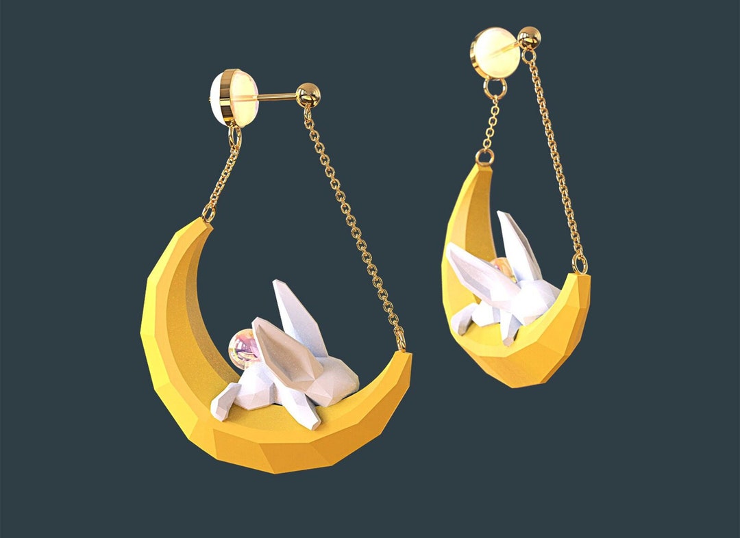 Creative Design 3D Cartoon Rabbit on Moon Swing Earrings Cute Animals ...