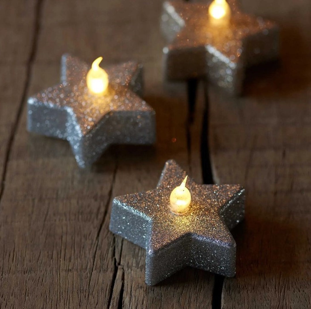 Star LED Silver Glitter Tea Lights set of 6 - Etsy
