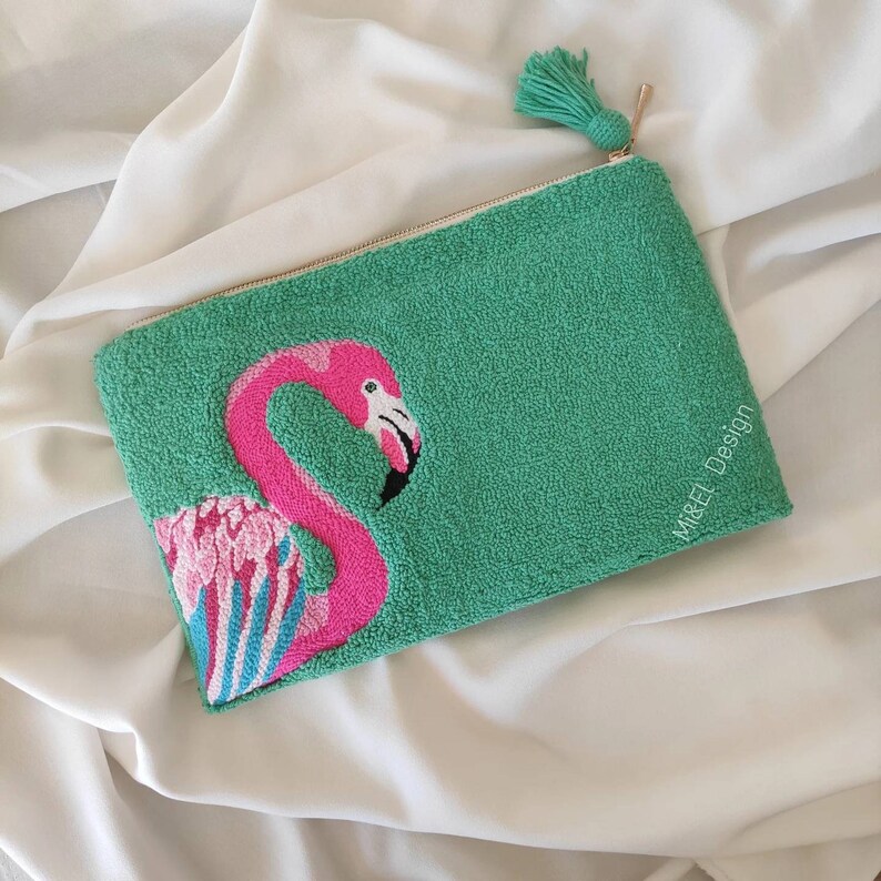 Hand Tufted Punch Needle Flamingo Design Embroidered Clutch - Etsy