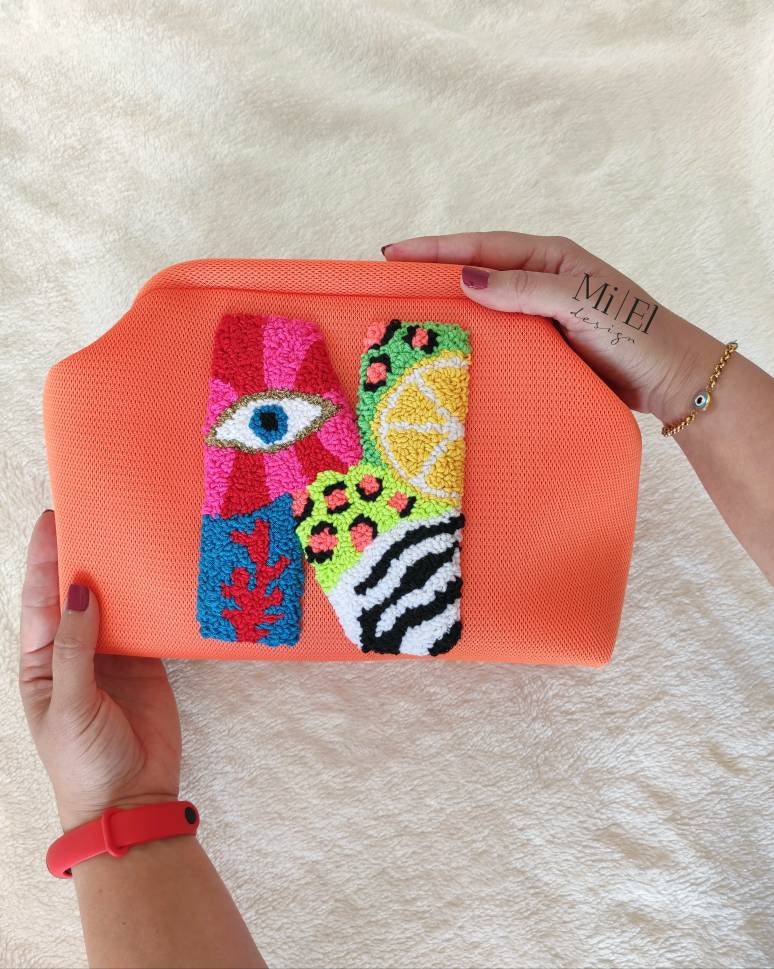 Hand Tufted Punch Needle Colourful Letter Embroidered Clutch, Hand Bag ...