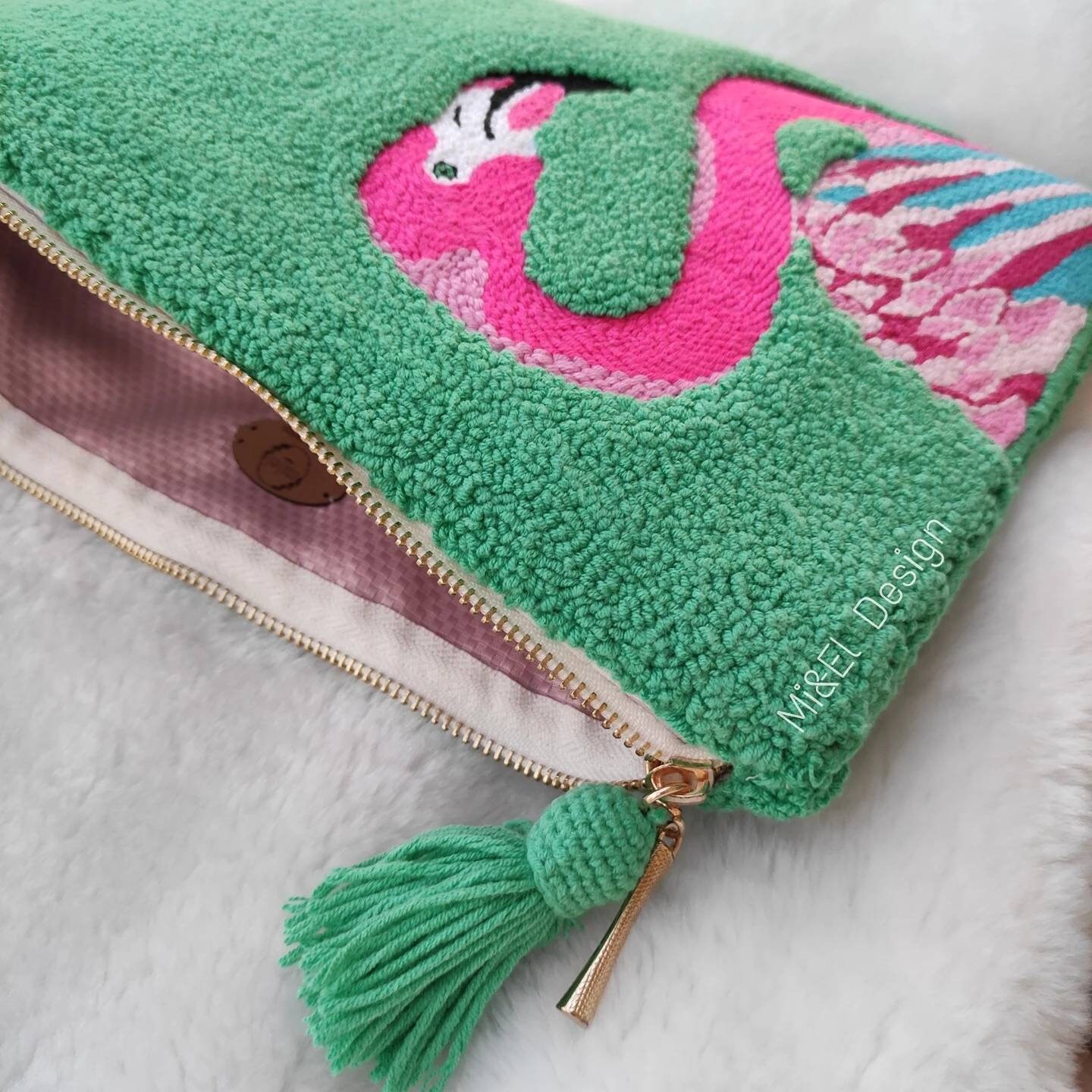 Hand Tufted Punch Needle Flamingo Design Embroidered Clutch - Etsy