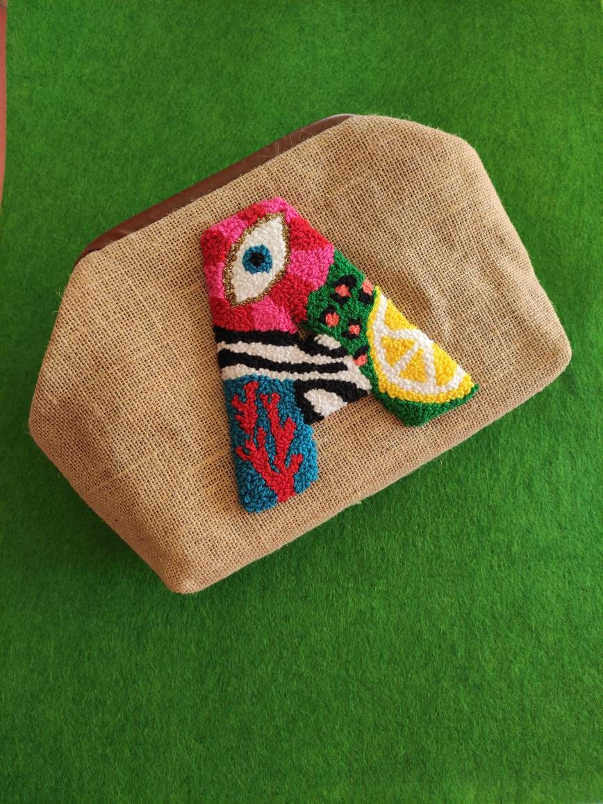 Hand Tufted Punch Needle Colourful Letter Embroidered Clutch, Hand Bag ...