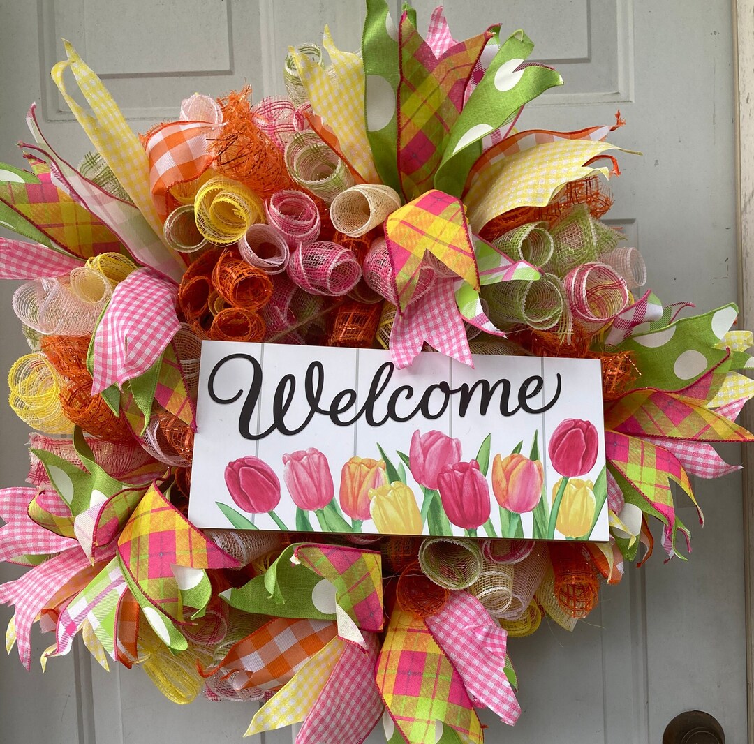 Welcome Tulips Deco Mesh Wreath - Etsy