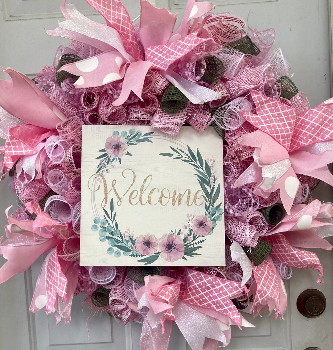 Deco Mesh Wreath, Pink Floral Welcome Deco Mesh Wreath - Etsy