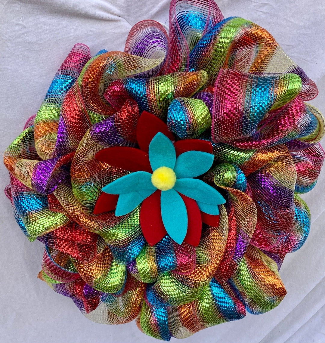 Rainbow Metallic Poof Style 18" Mesh Wreath With Felt Flower, Rainbow ...