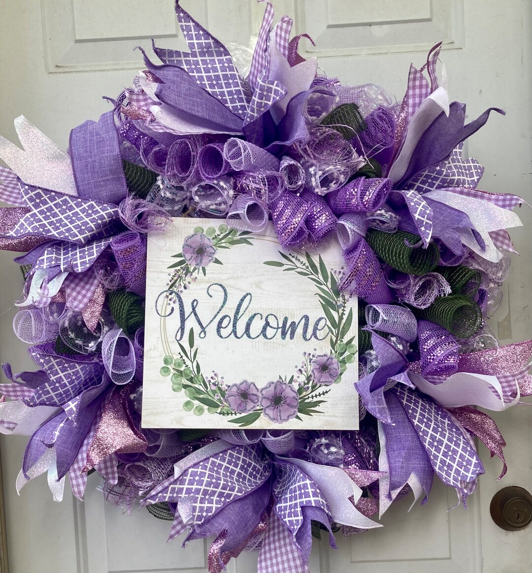 Deco Mesh Wreath, Lavender Floral Welcome Deco Mesh Wreath - Etsy
