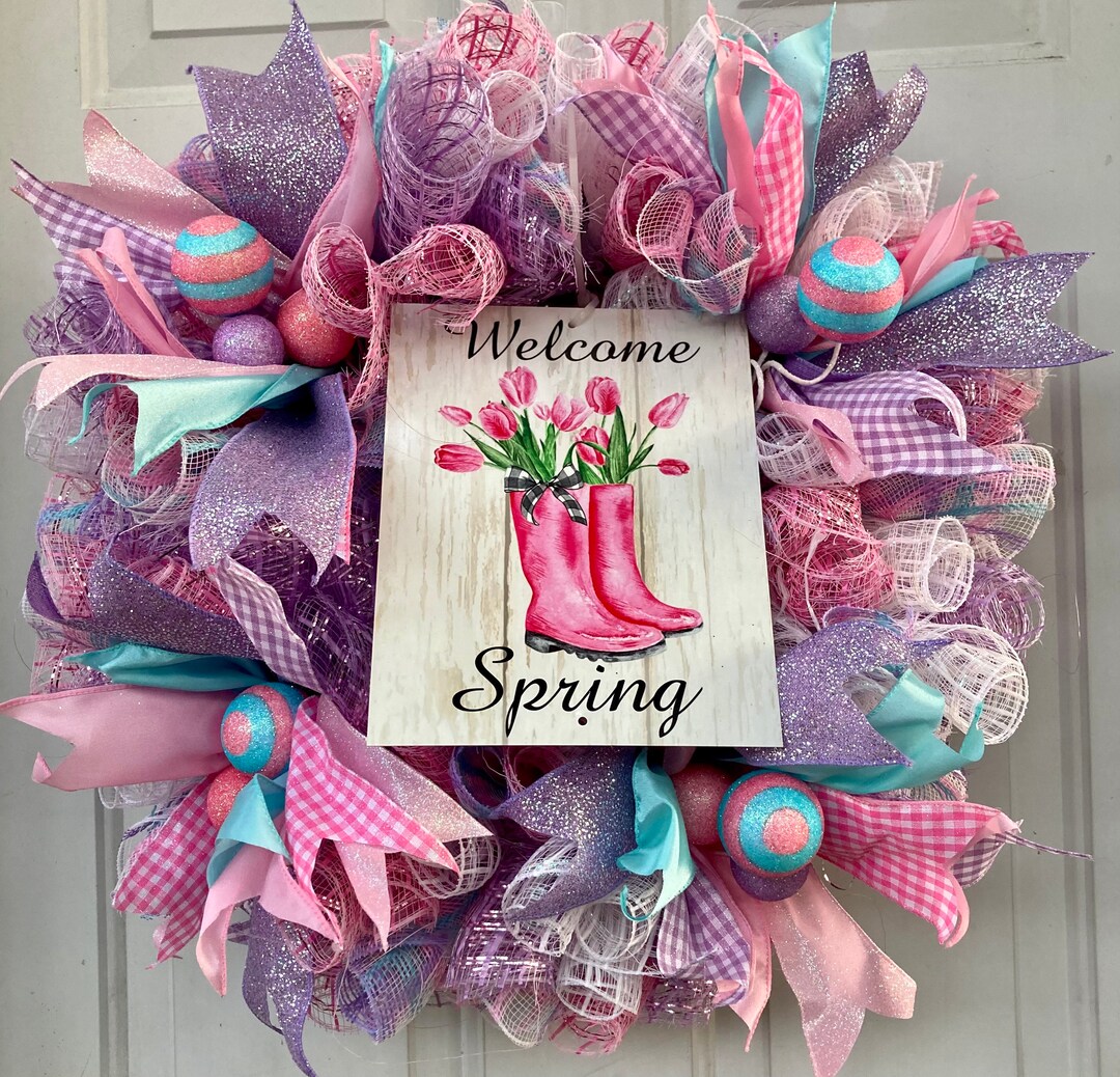 Welcome Spring Deco Mesh Wreath, Door Hanging - Etsy