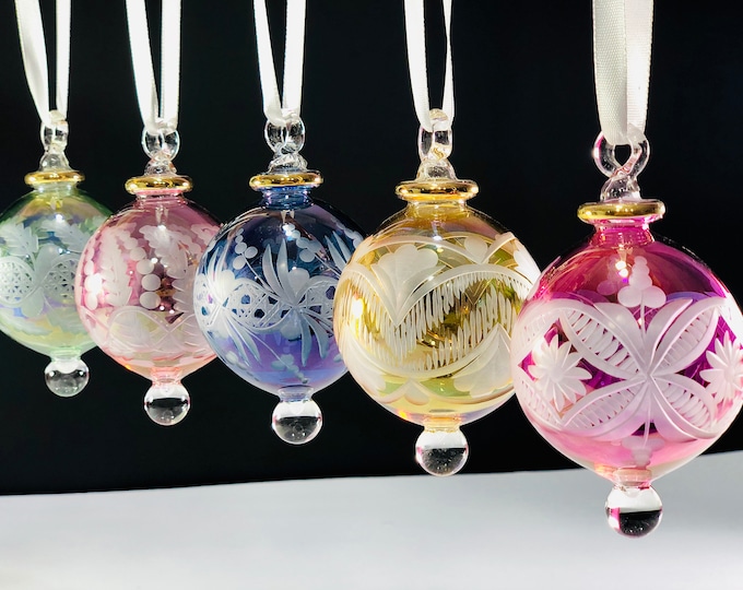 Set of Five Egyptian Hand Blown Glass Ornaments Decorative by 14 Kart Gold Mouth Blown Christmas ...