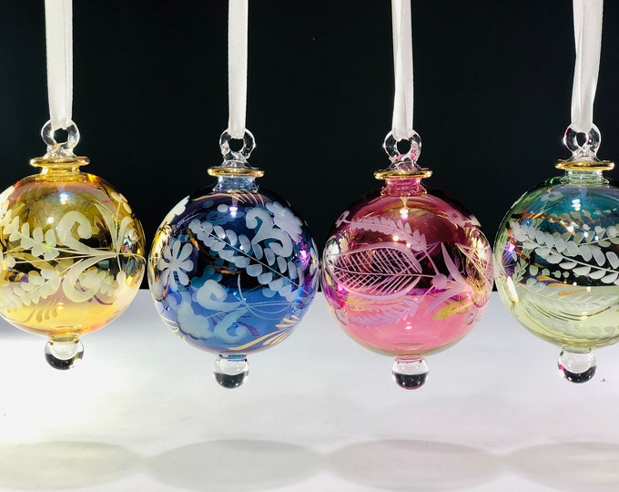 Set of Four Engraved Egyptian Hand Blown Glass Ornaments Decorative by 14 K Gold 5 Inches Long ...