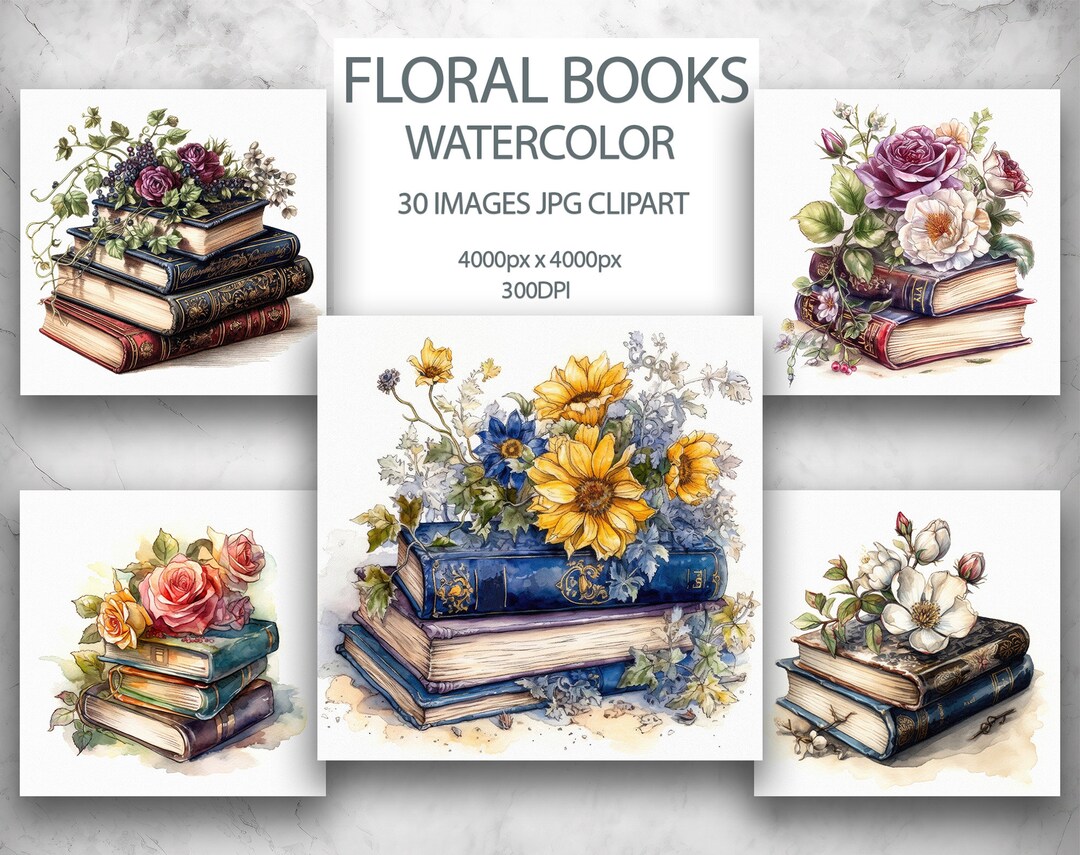 Magic Floral Books, 30 Jpg Clipart, Printable Journal, Watercolor Book ...
