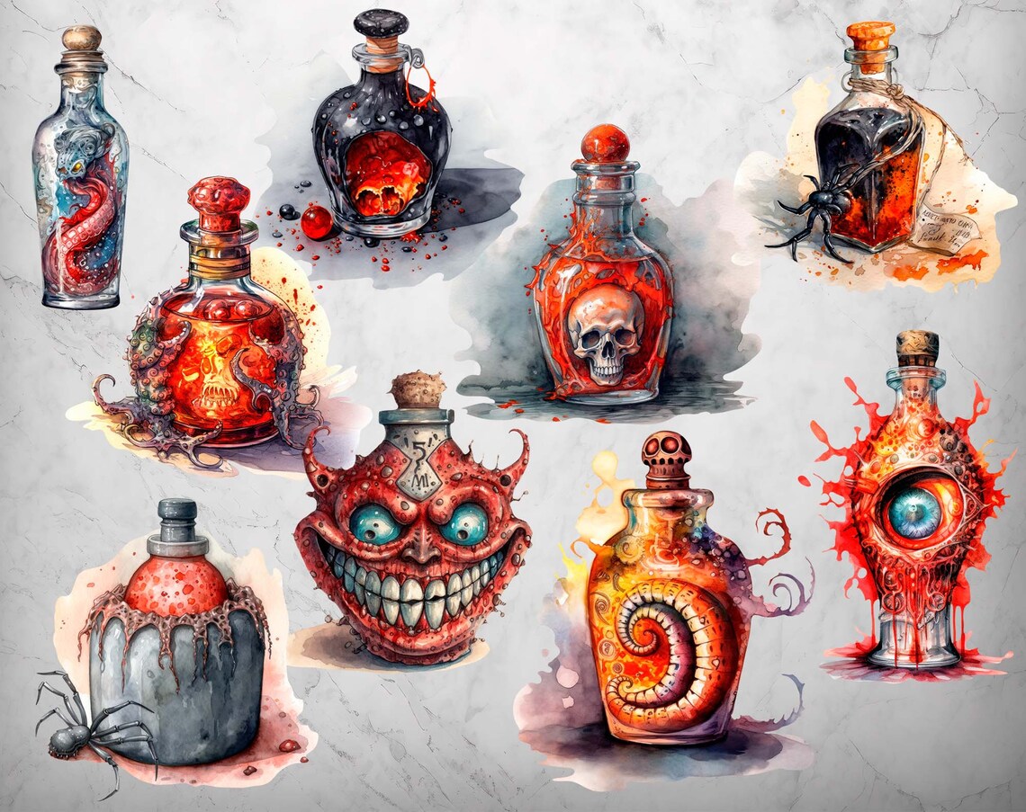 Clipart Witch Bottles, Watercolor Bottle Monster, 40 PNG Clip Art ...