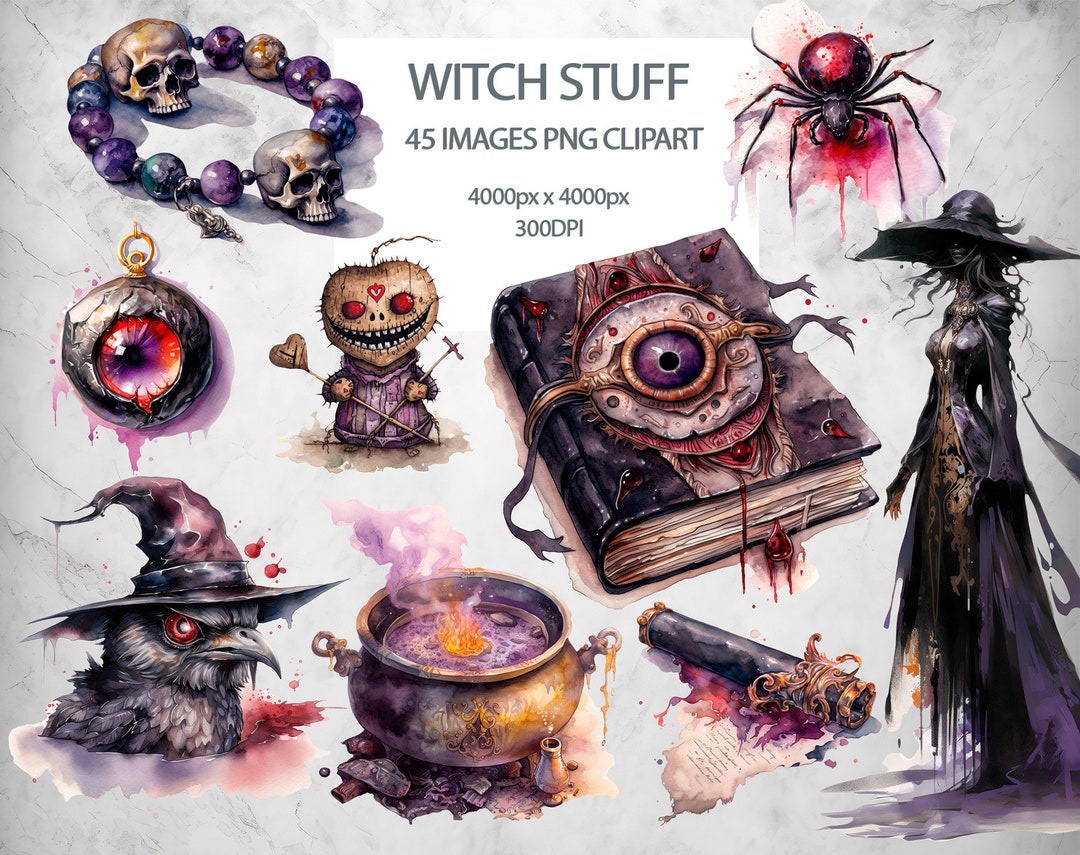 45 Png Clipart Witch Stuff, Watercolor Dark Witch Clip Art Bundle ...