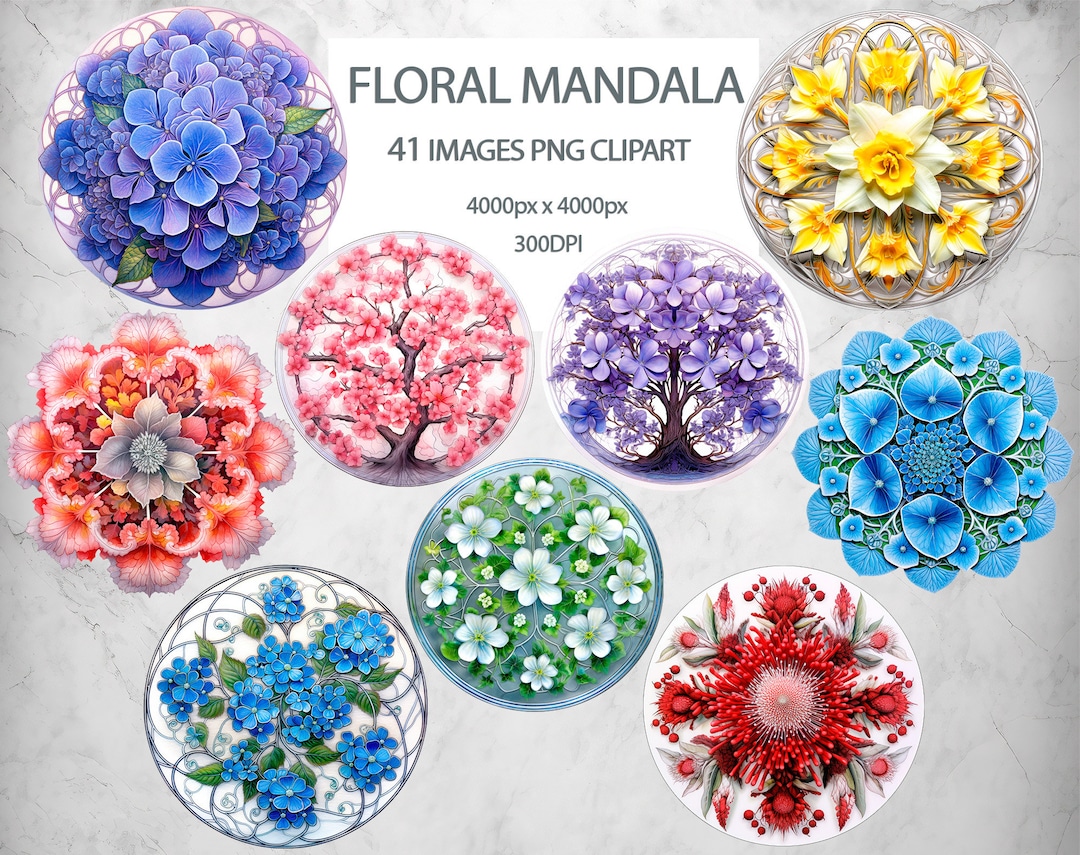 Floral Mandala Clipart Bundle, 41 Png Watercolor Mandala Clip Art ...