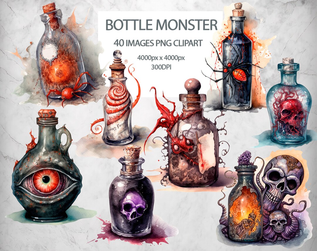 Clipart Witch Bottles, Watercolor Bottle Monster, 40 PNG Clip Art ...