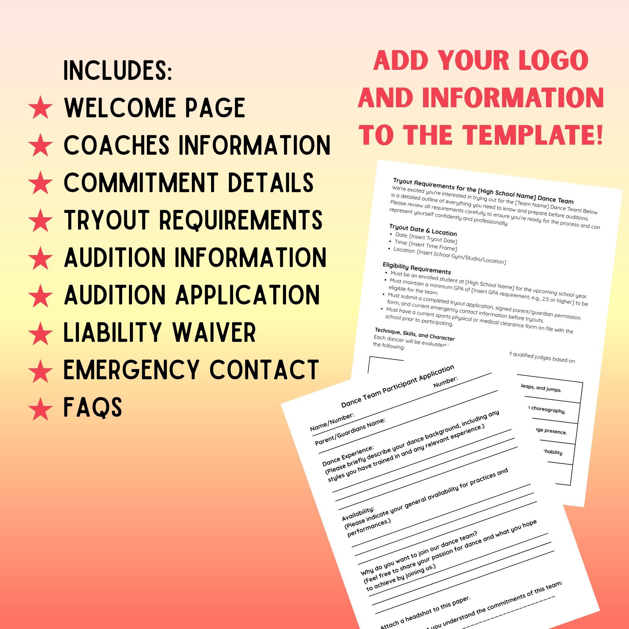 Dance Team Audition and Program Guide Template - Editable 13-page ...