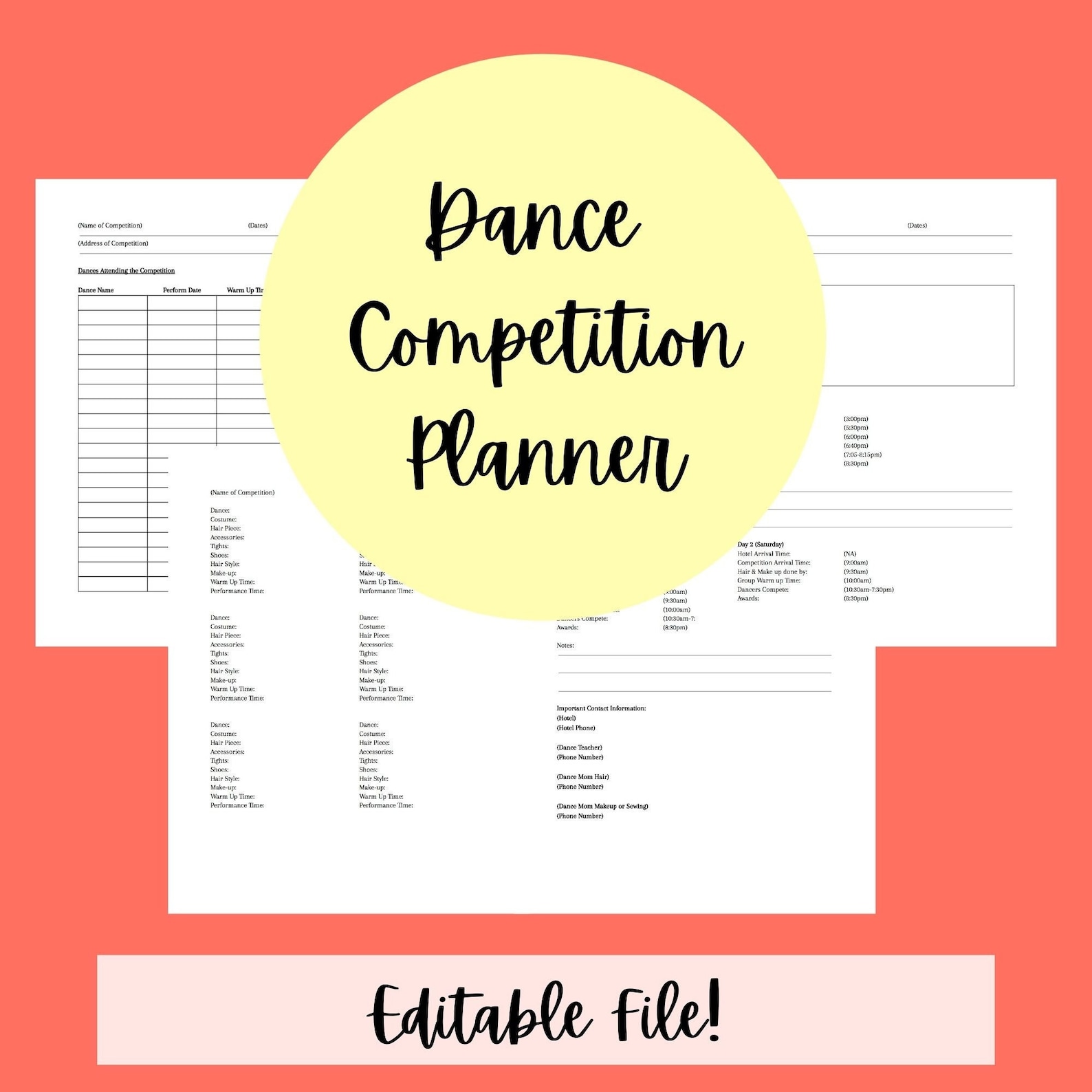 Dance Competition Planner Editable File - Etsy