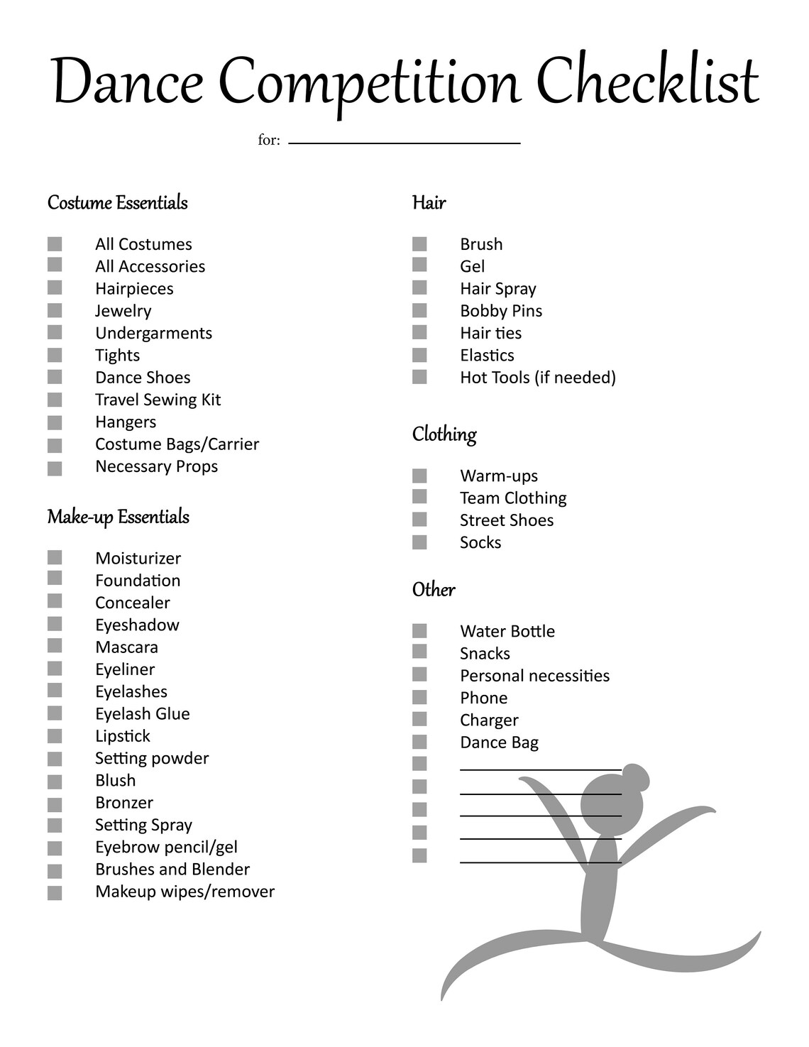 Dance Competition Checklist Printable Digital Download - Etsy