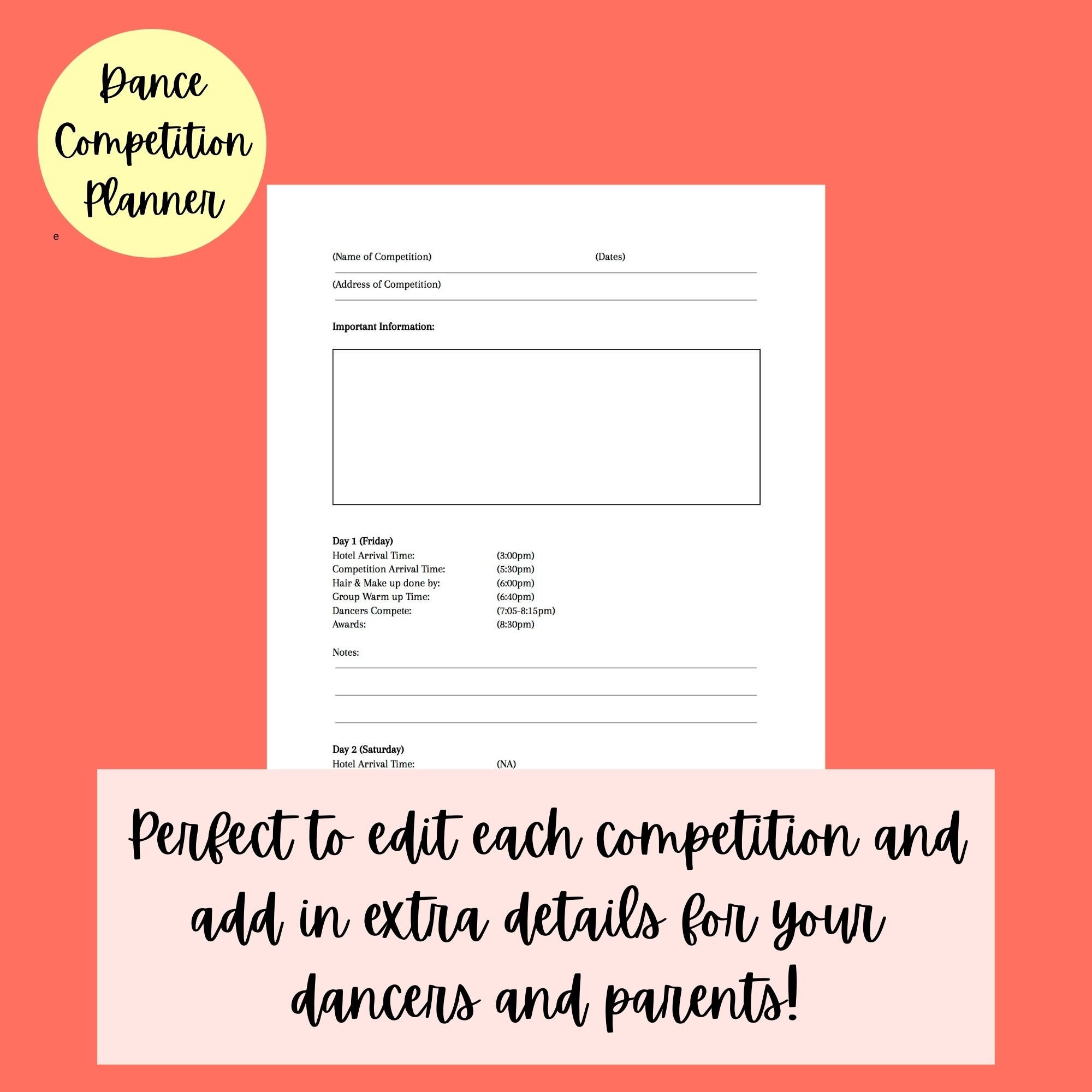 Dance Competition Planner Editable File - Etsy