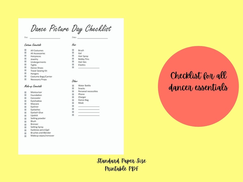 Dance Picture Day Checklist Dance Teacher Resource - Etsy