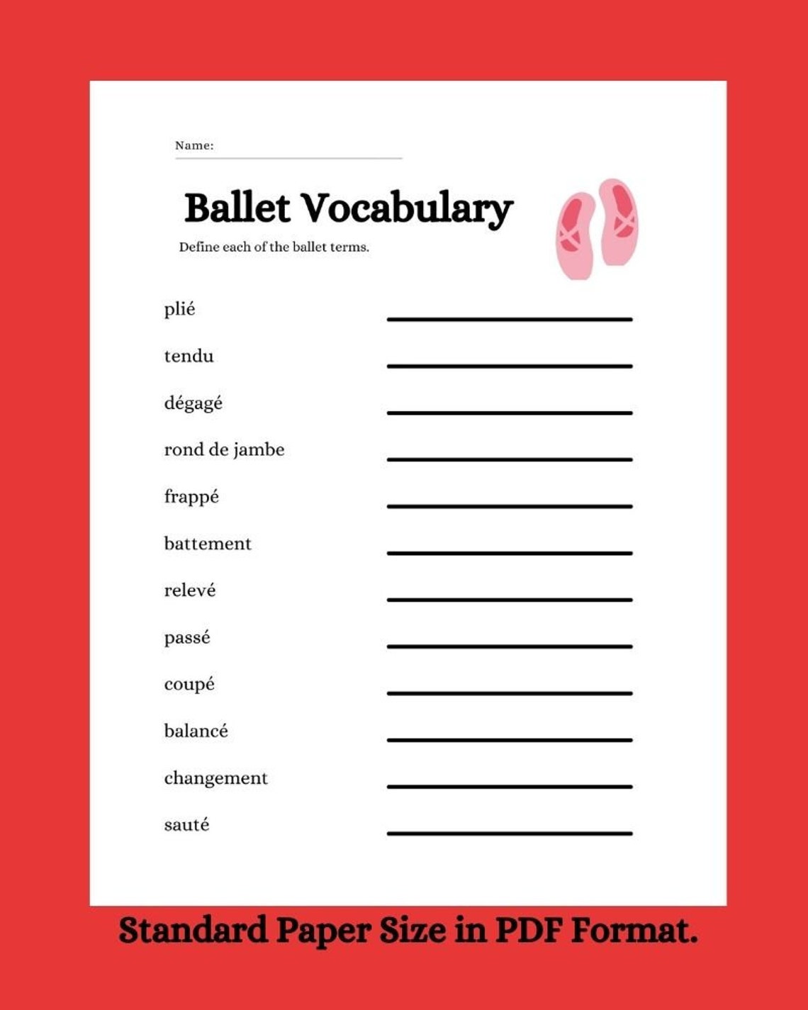 Ballet Vocabulary Worksheet - Etsy