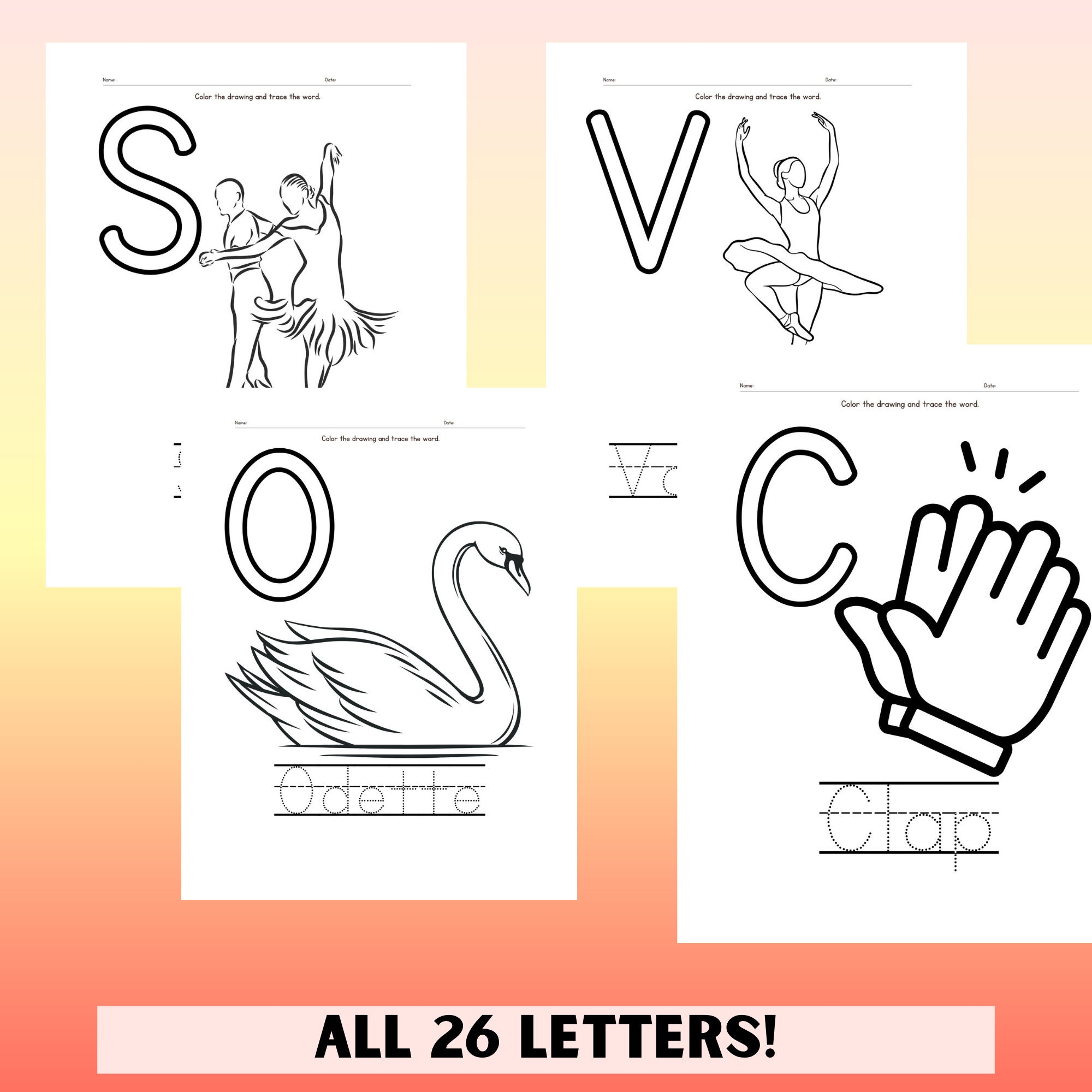 Dance Alphabet Coloring Pages A-Z: Educational Printables (PDF) - Etsy