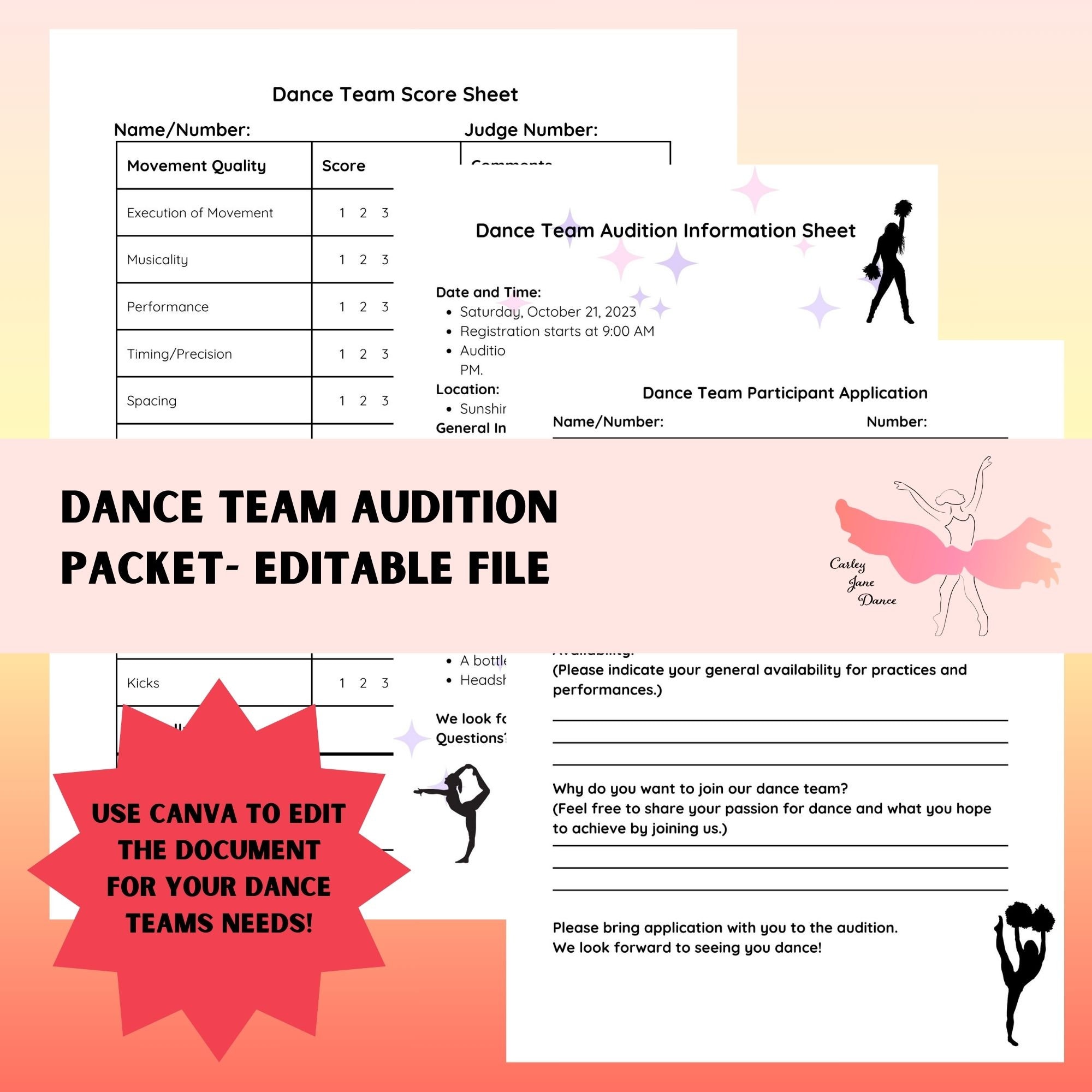 Dance Team Audition Packet Editable Digital File - Etsy