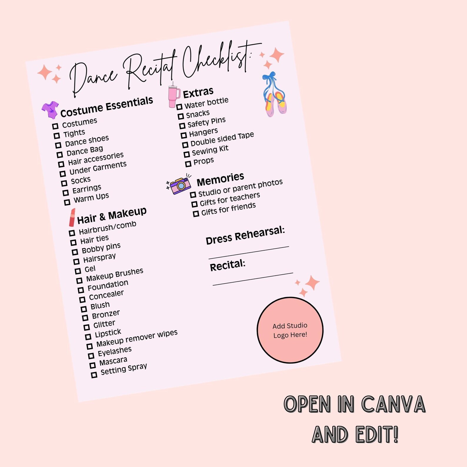 Editable Dance Recital Checklist - Etsy