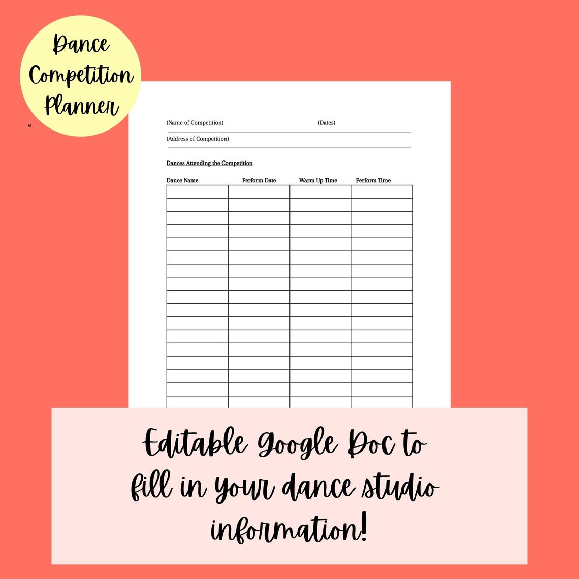 Dance Competition Planner Editable File - Etsy