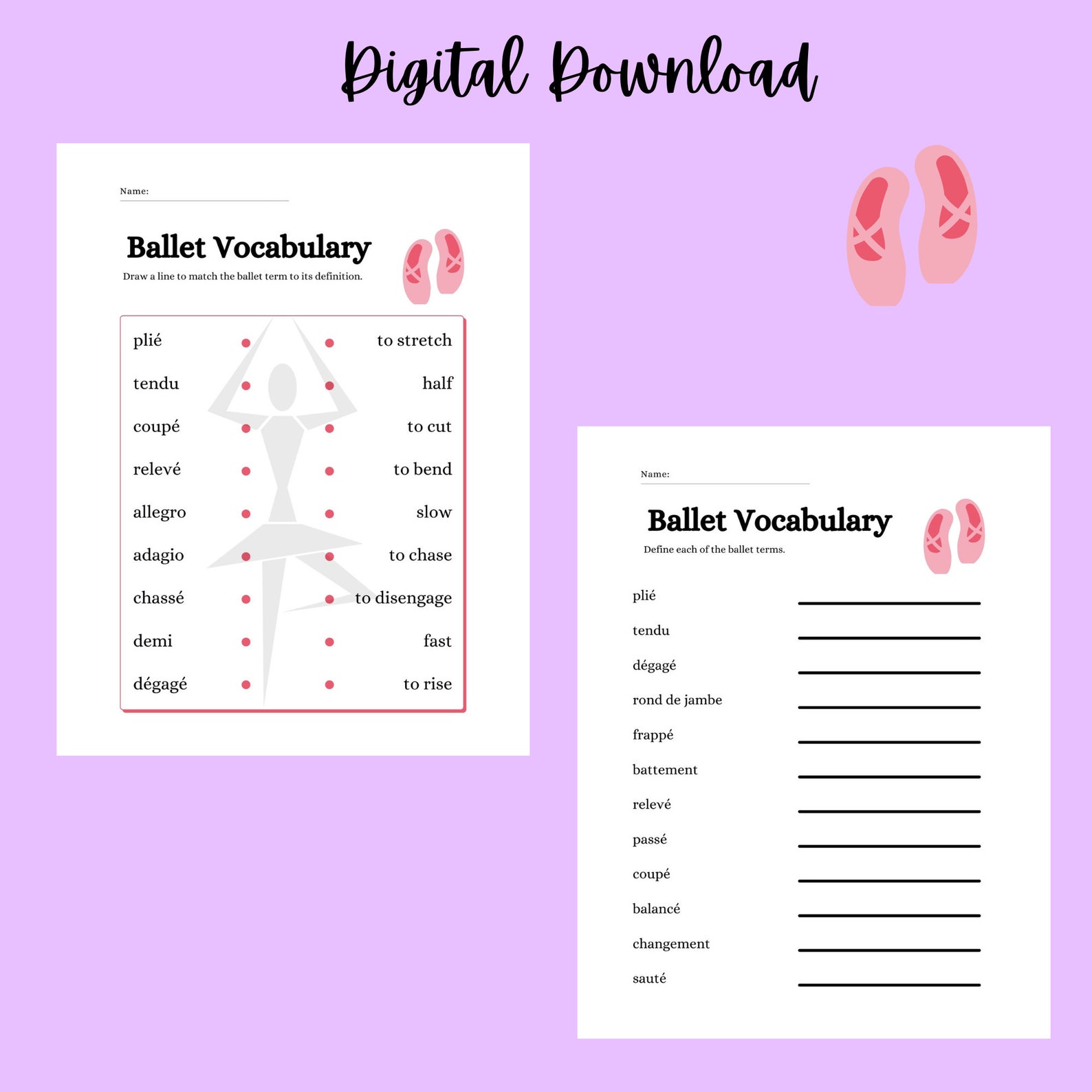 Ballet and Jazz Vocabulary Worksheets - Etsy