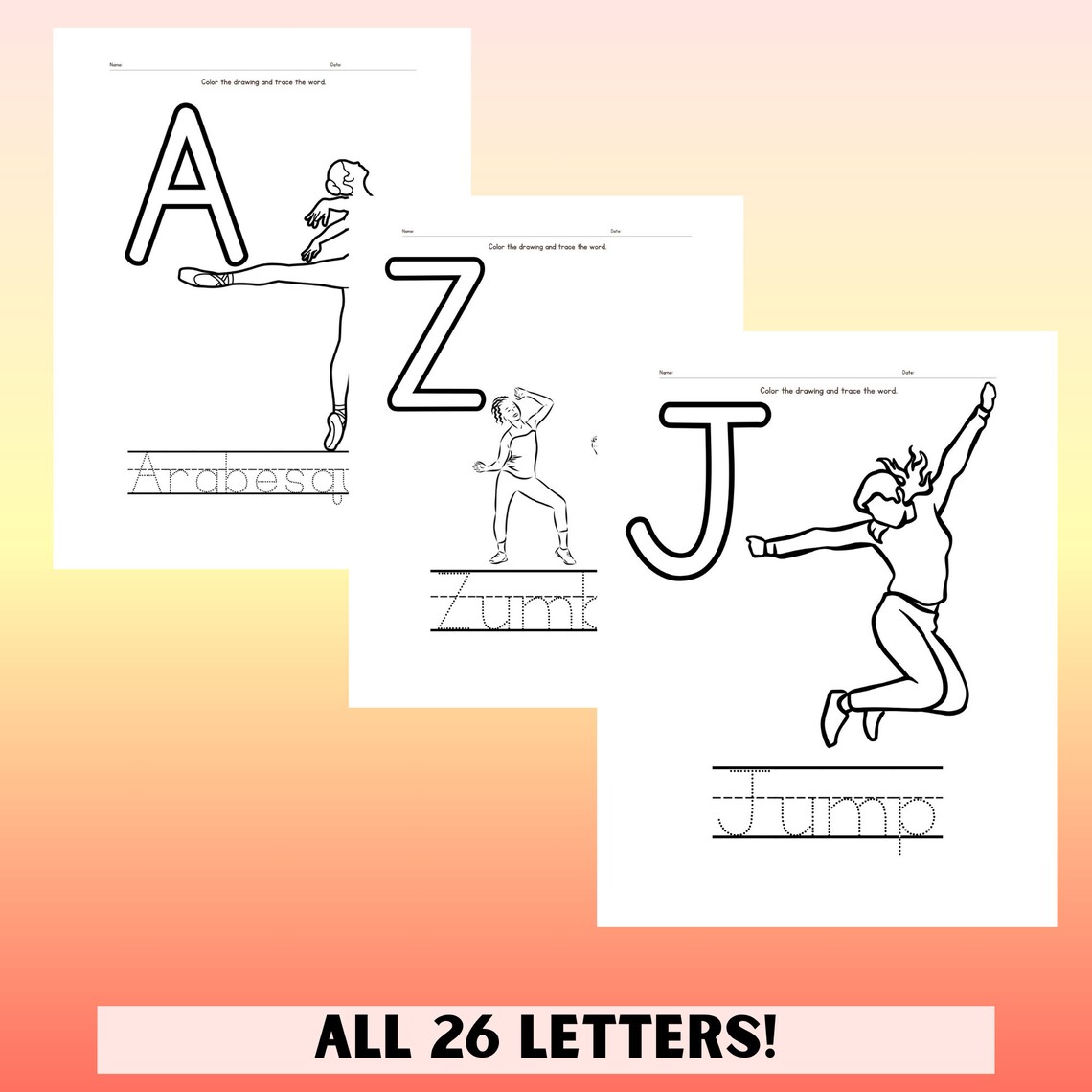 Dance Alphabet Coloring Pages A-Z: Educational Printables (PDF) - Etsy