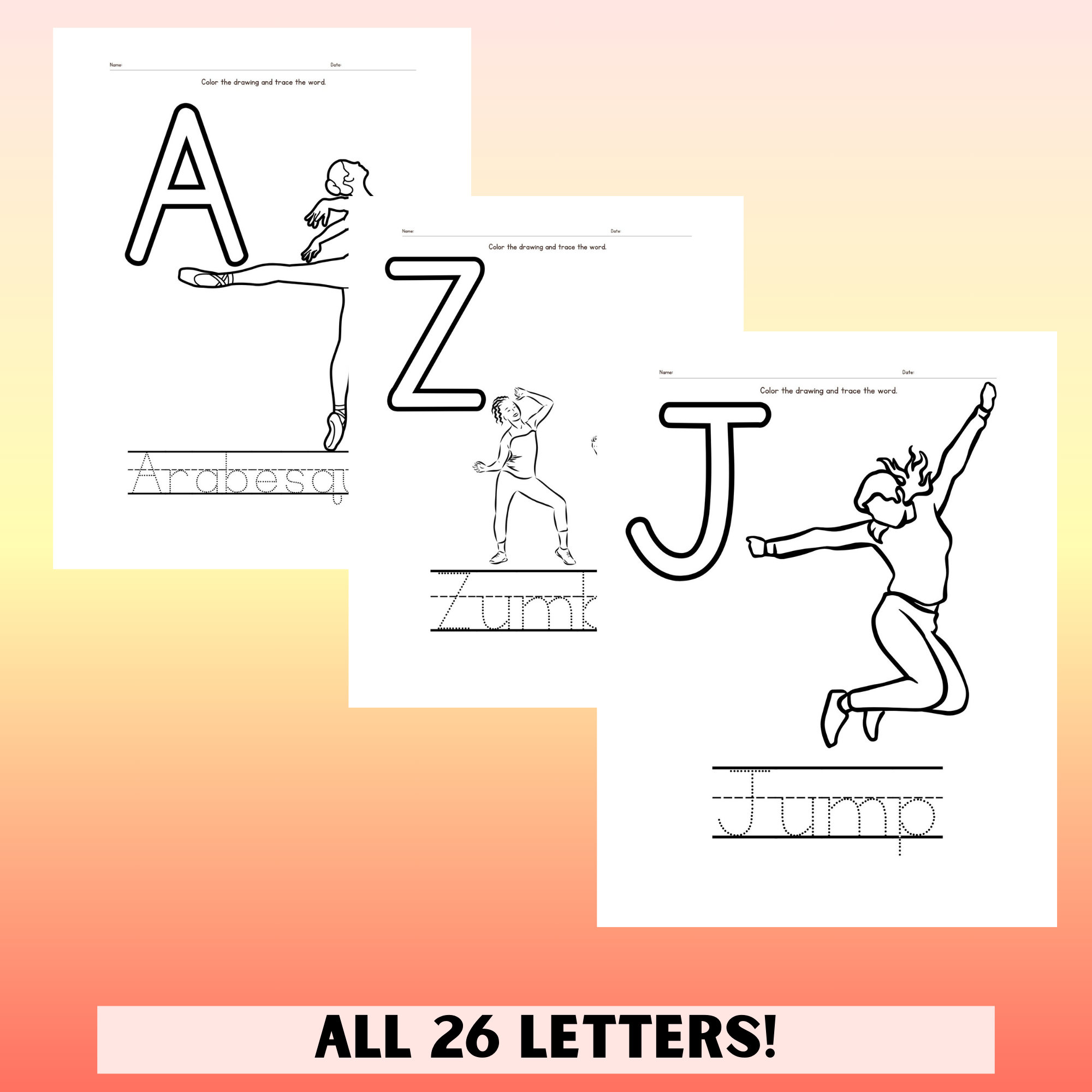 Dance Alphabet Coloring Pages A-Z: Educational Printables (PDF) - Etsy