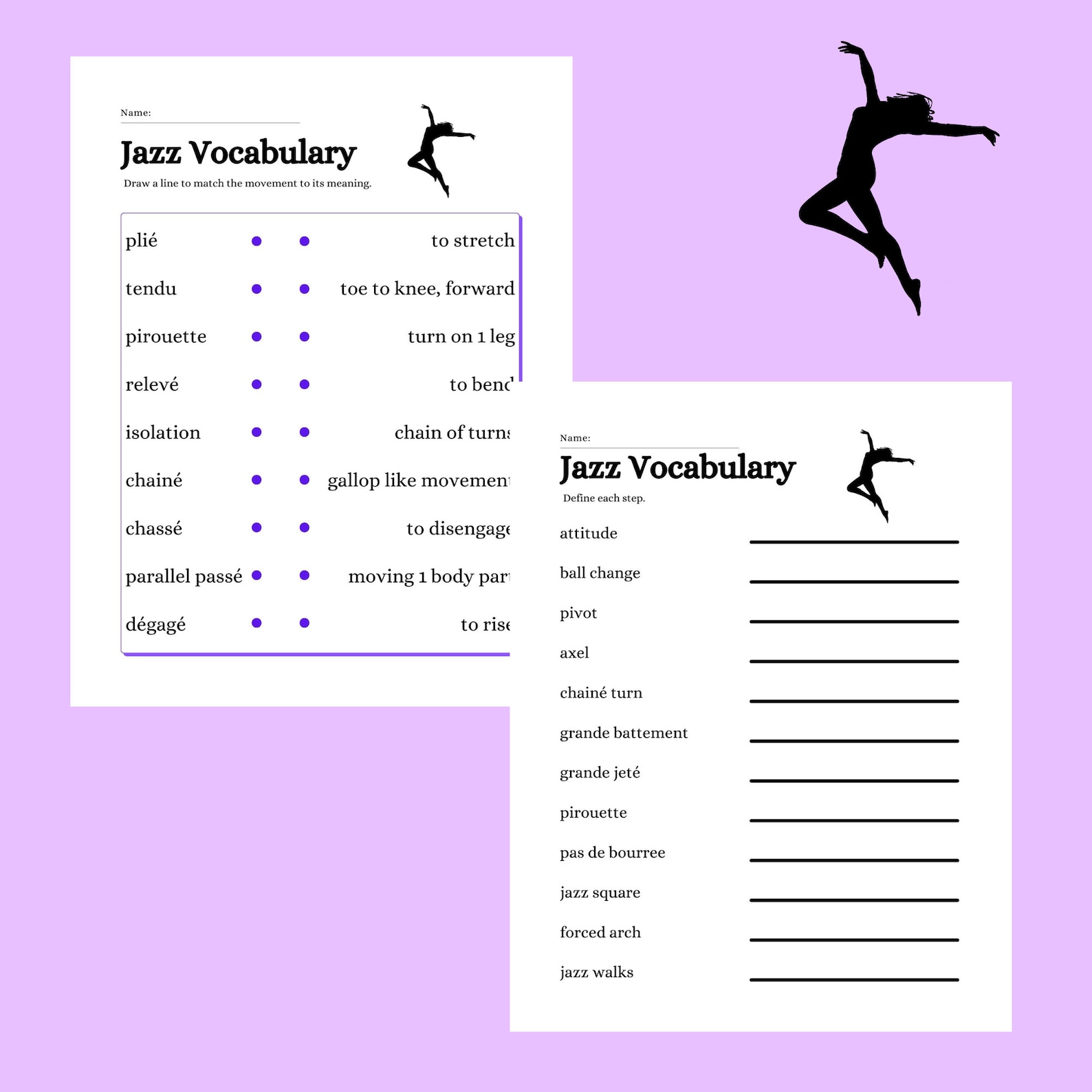 Ballet and Jazz Vocabulary Worksheets - Etsy