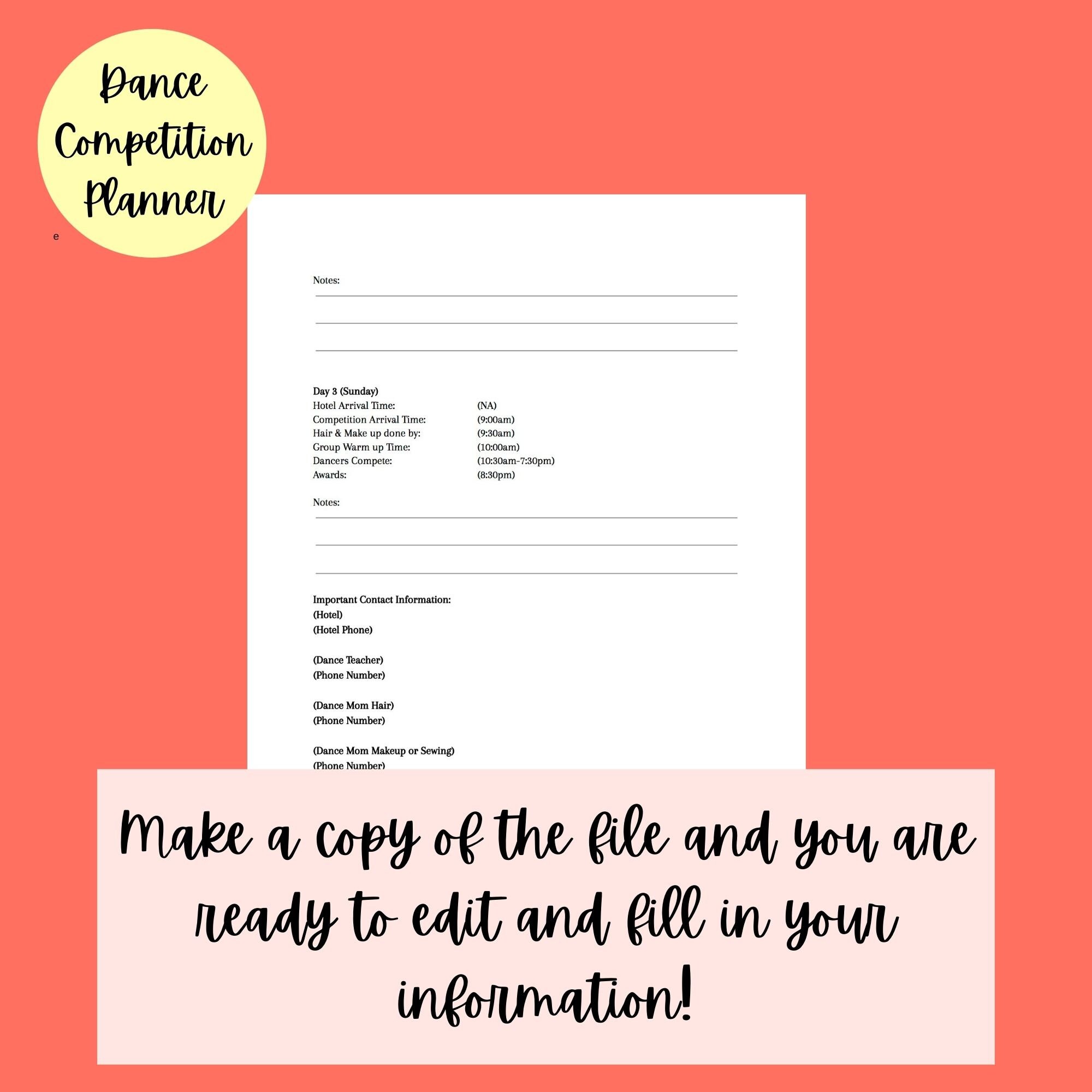 Dance Competition Planner Editable File - Etsy