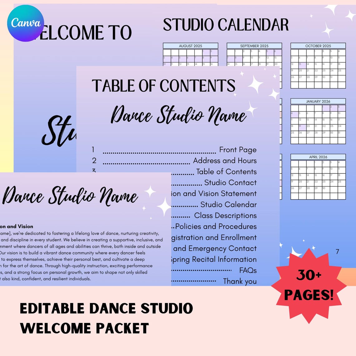 Dance Studio Welcome Packet: Editable Handbook & Forms (canva Template ...